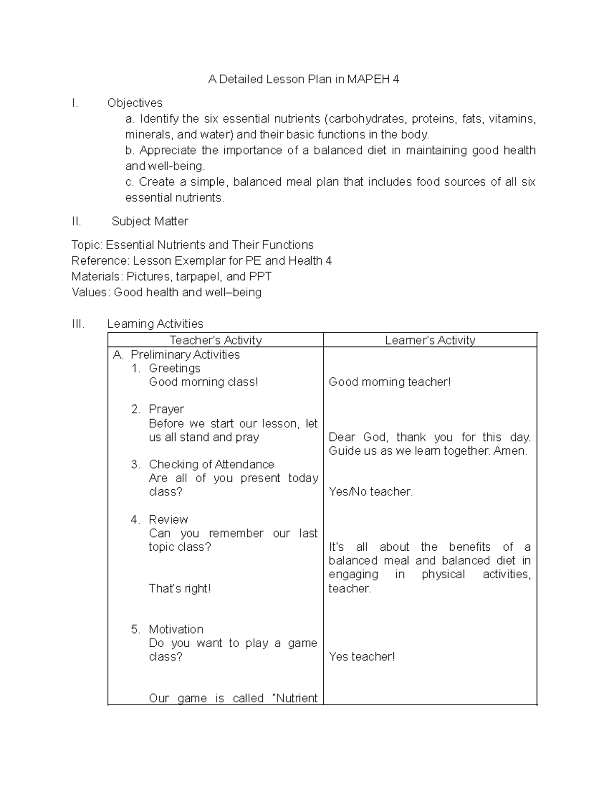 Detailed MAPEH 4 Lesson Plan: Essential Nutrients & Their Functions ...
