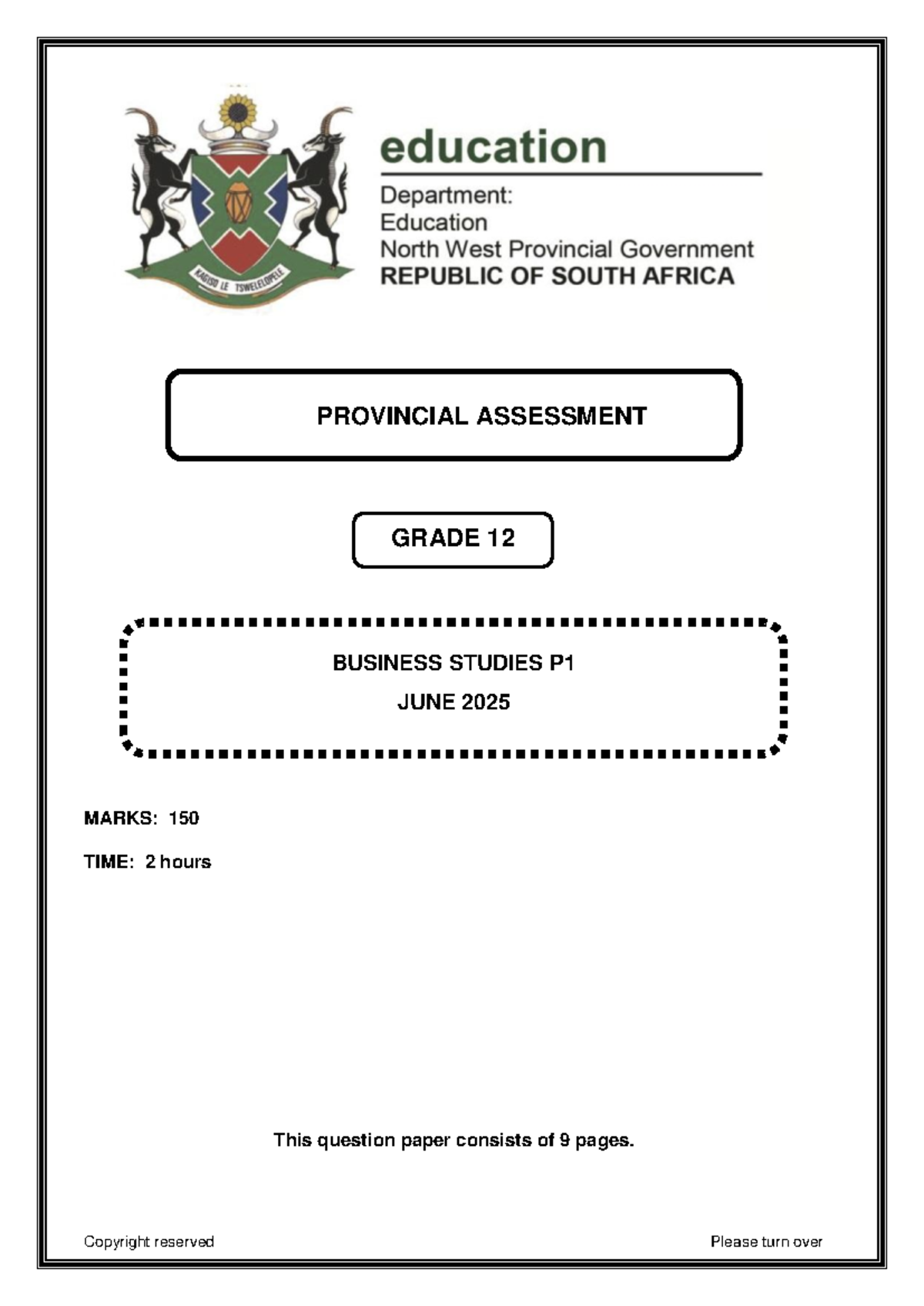 Grade 12 Business Studies P1 June 2025 Question Paper (150 Marks) - Studocu