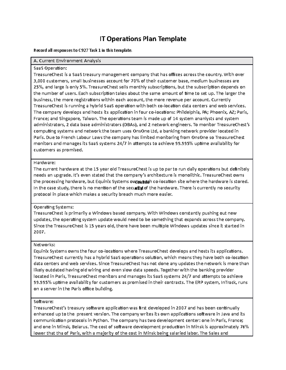 C927 IT Operations Plan Template for Task 1: Analysis & Strategy - Studocu