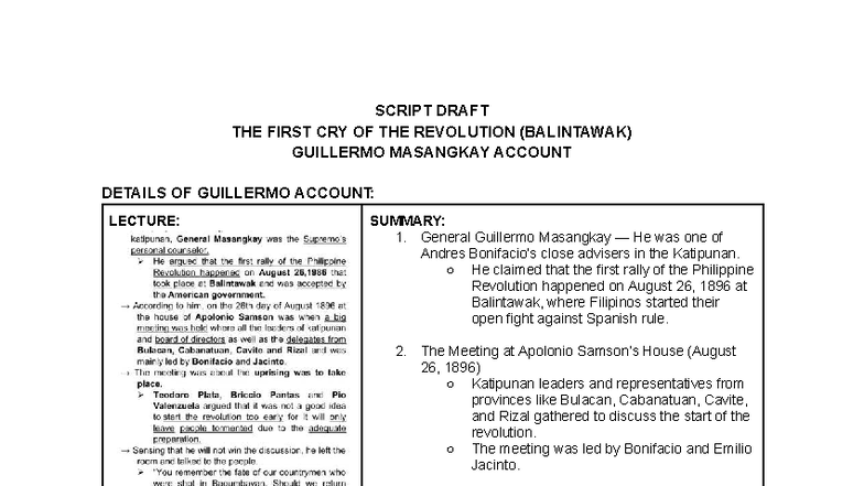 RPH Script Draft: The First Cry of the Revolution at Balintawak - Studocu