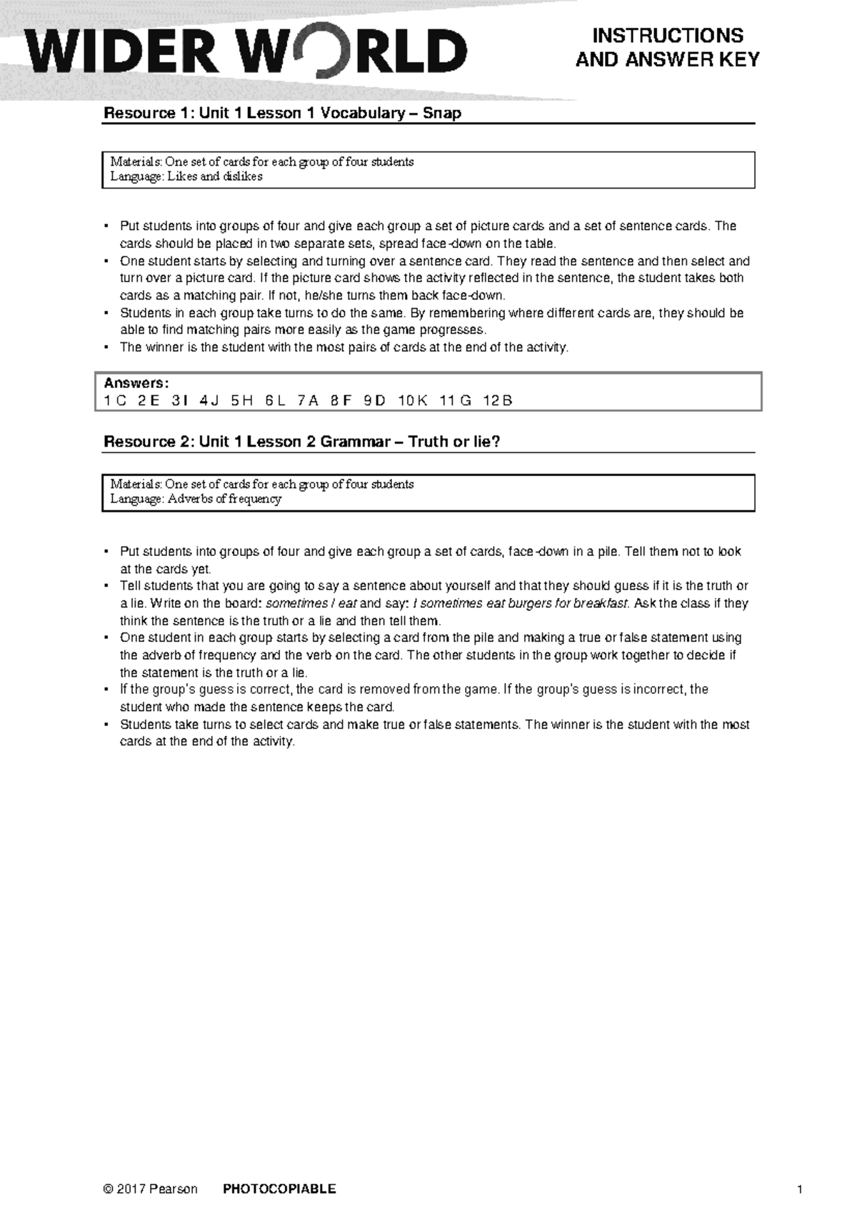 Wider World 2 TRB Vocabulary and Grammar Activities with Answer Key ...