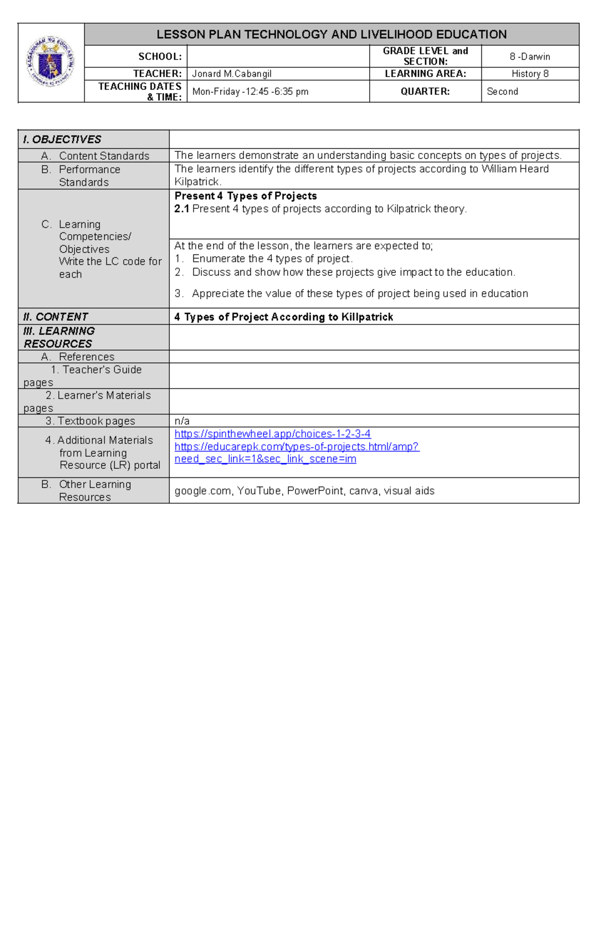 LESSON PLAN: 4 TYPES OF PROJECTS IN TLE (GRADE 8) - Studocu