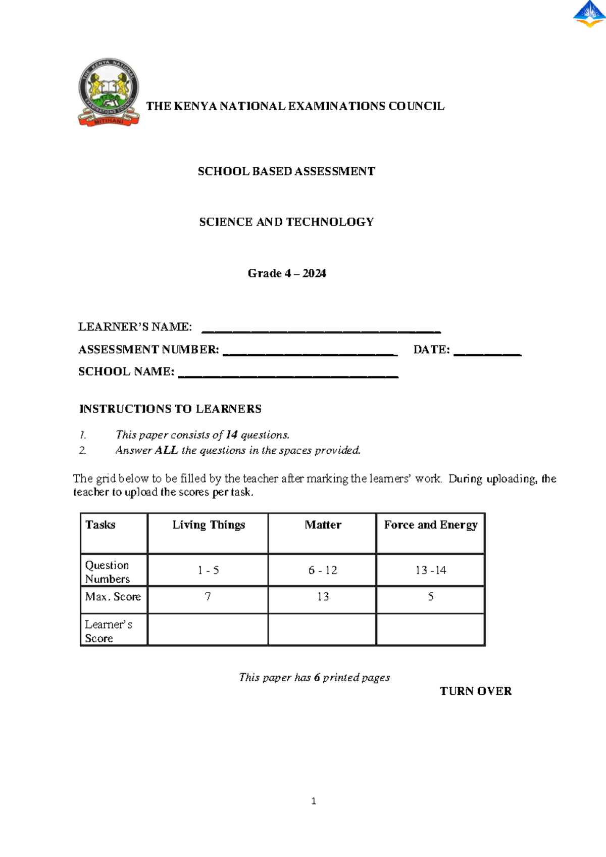 SCI 1: Grade 4 School-Based Assessment in Science & Technology 2024 ...