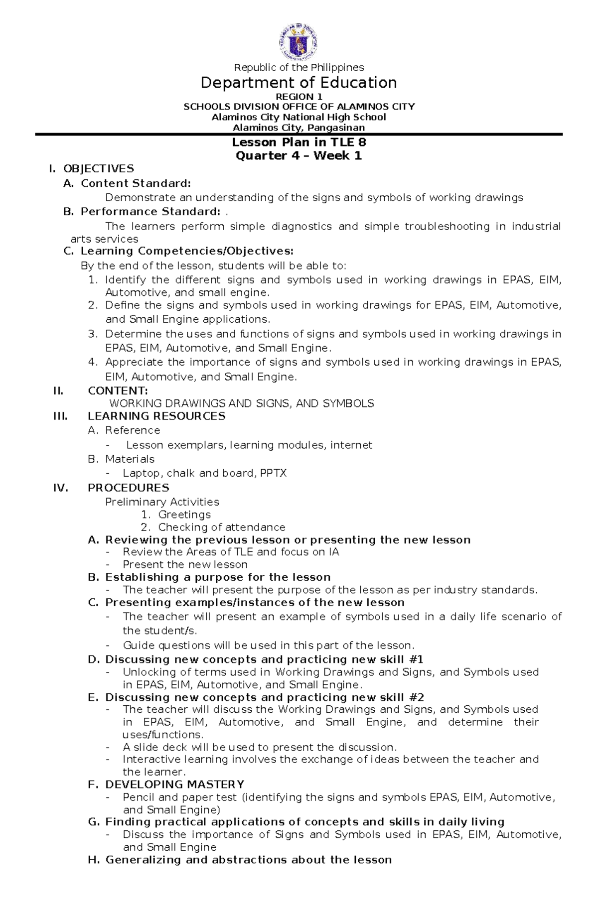 TLE 8 Lesson Plan: Working Drawings & Symbols (Q4 W1) - Studocu