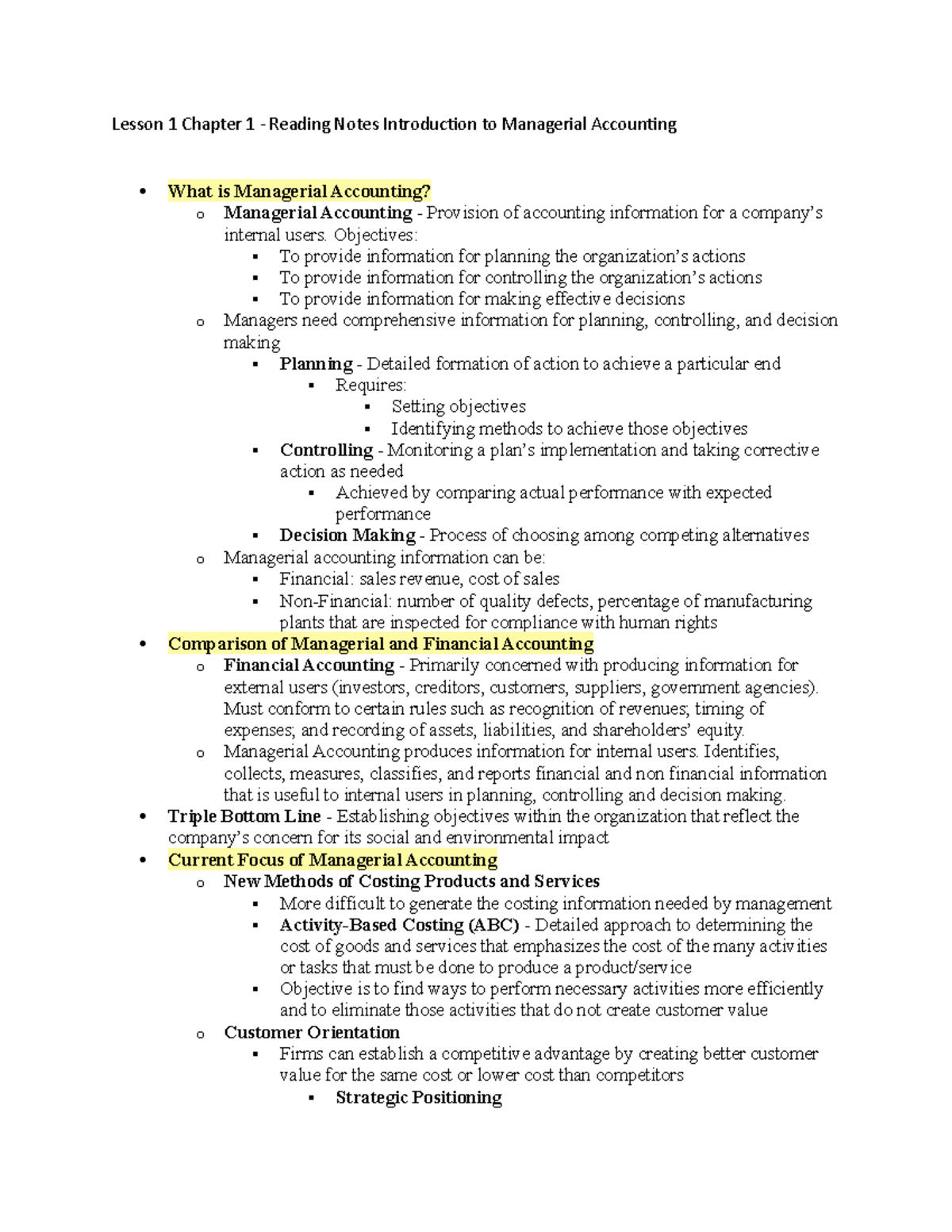 Managerial Accounting Chapter 1-6 Notes - Lesson 1 Chapter 1 Reading ...