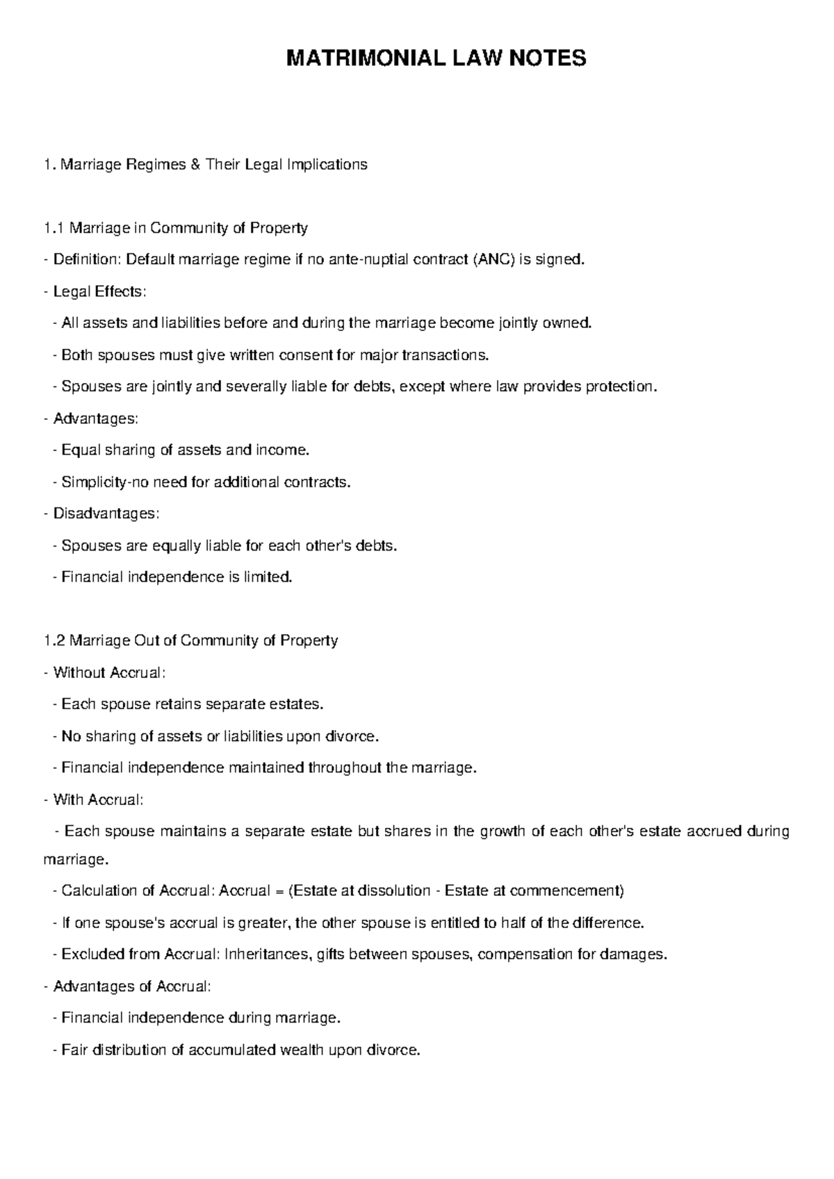 Matrimonial Law Lecture Notes (LAW 101) - Marriage Regimes ...