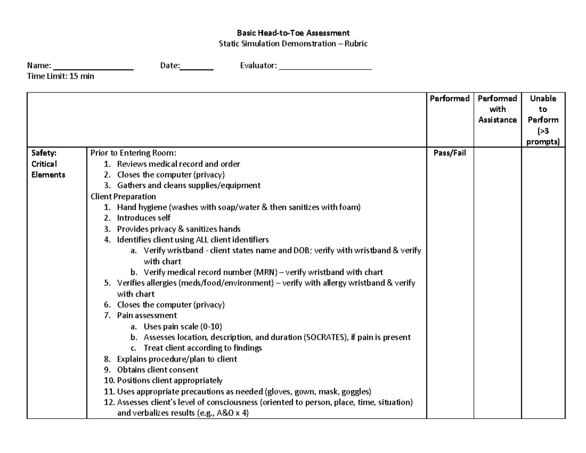 HA Head to Toe Assessment Rubric 0425 - Studocu