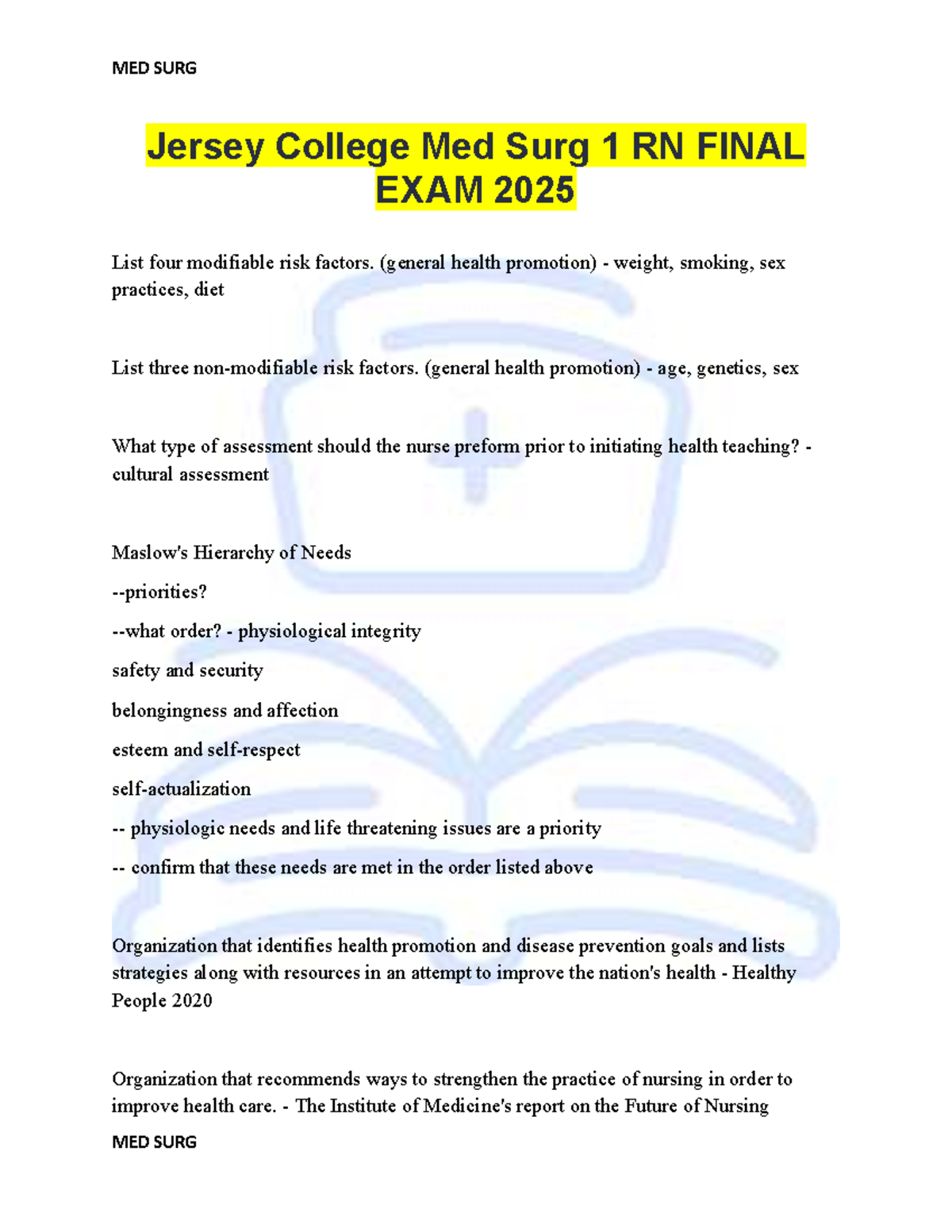 Jersey College Med Surg 1 RN Final Exam 2025: Key Health Promotion ...