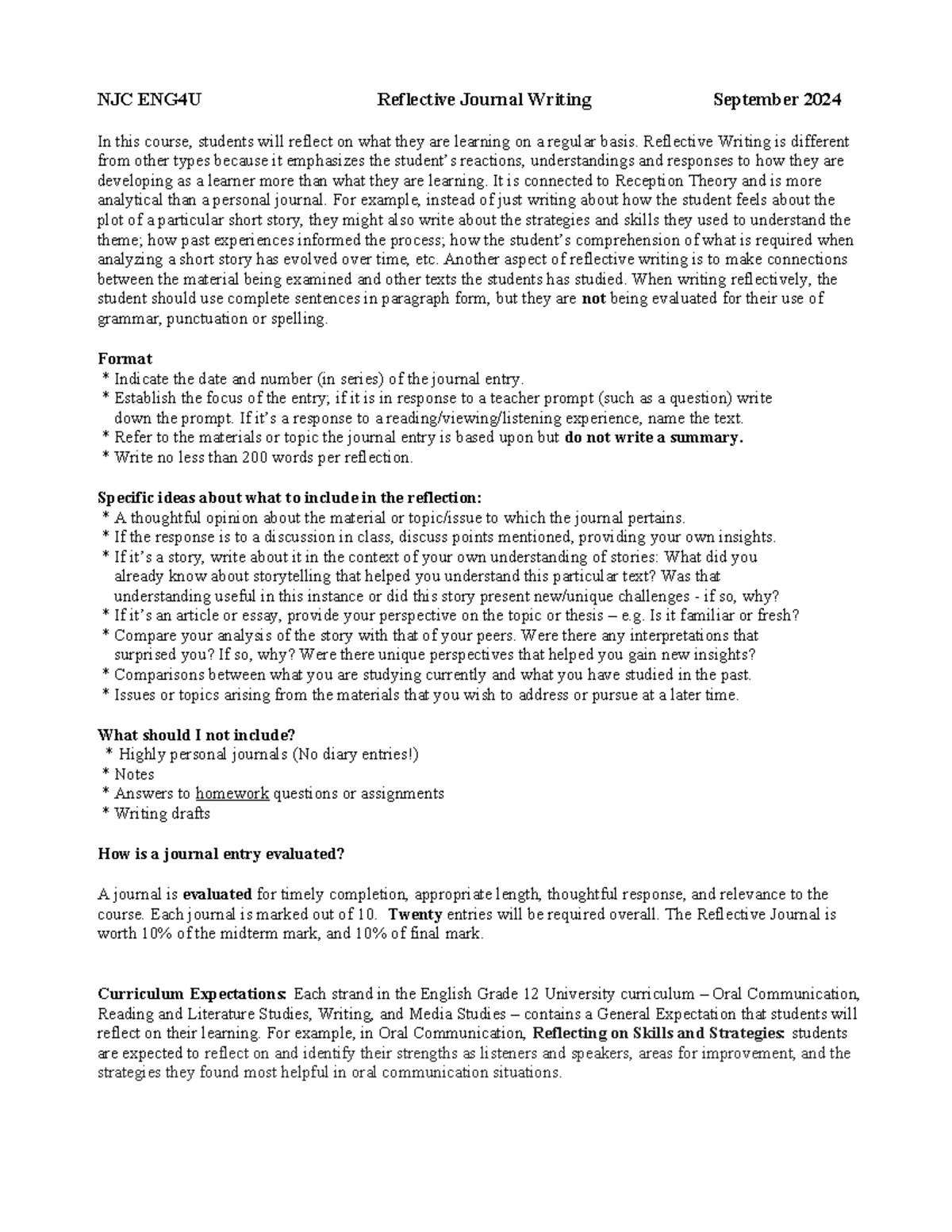 NJC ENG4U Reflective Journal Writing Guidelines - Sept 2024 - Studocu