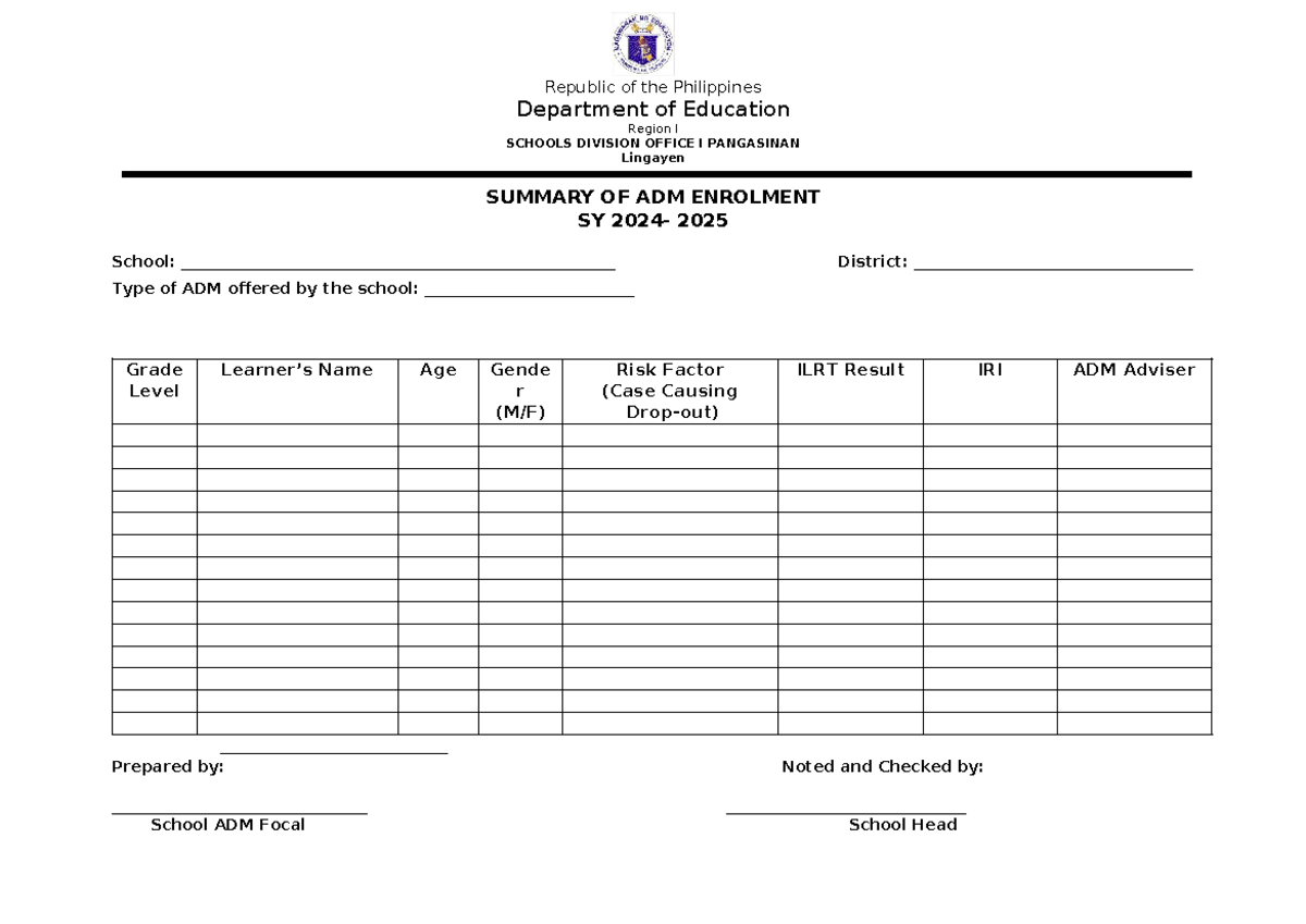 ADM-Enrolment-Template - Republic of the Philippines Department of ...