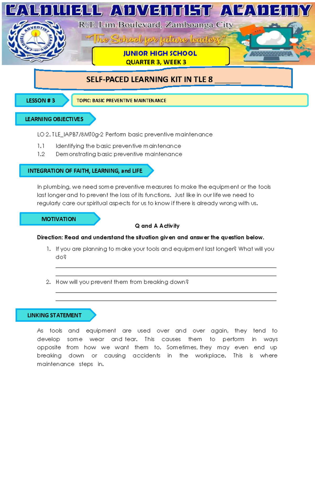 TLE 8 - Lesson 3: Understanding Basic Preventive Maintenance Concepts ...