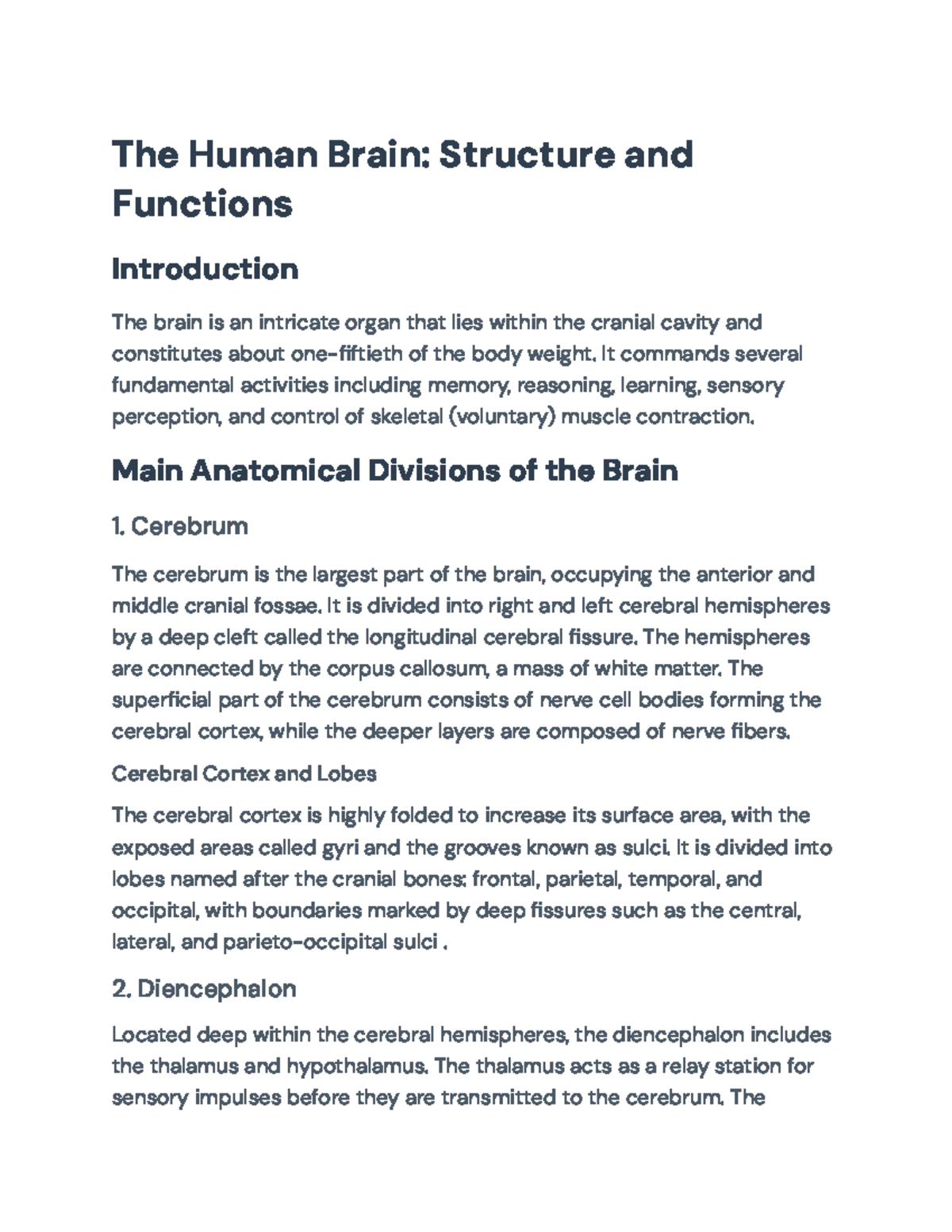 The Human Brain: Structure and Functions (BIO101 Lecture Notes) - The ...