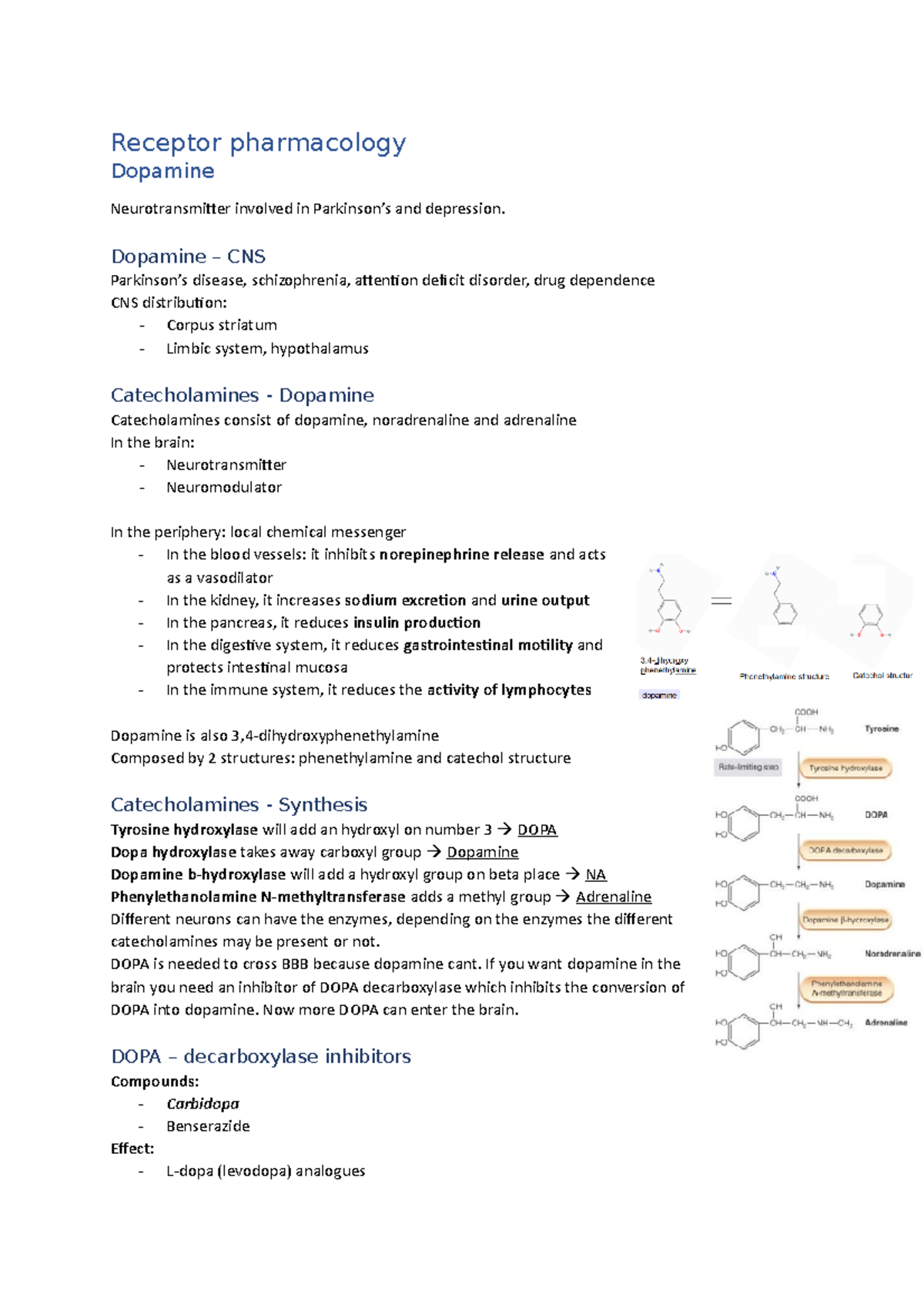 Receptor Pharmacology (Course Code TBD) - Overview of Dopamine and ...