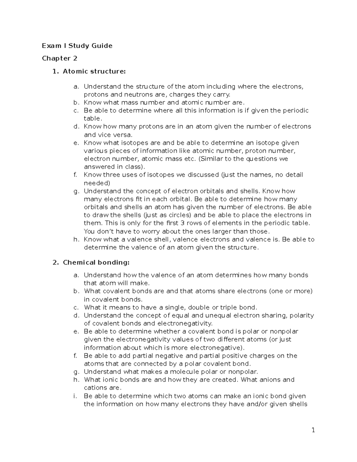 Exam I Study Guide: Atomic Structure & Chemical Bonding - Studocu