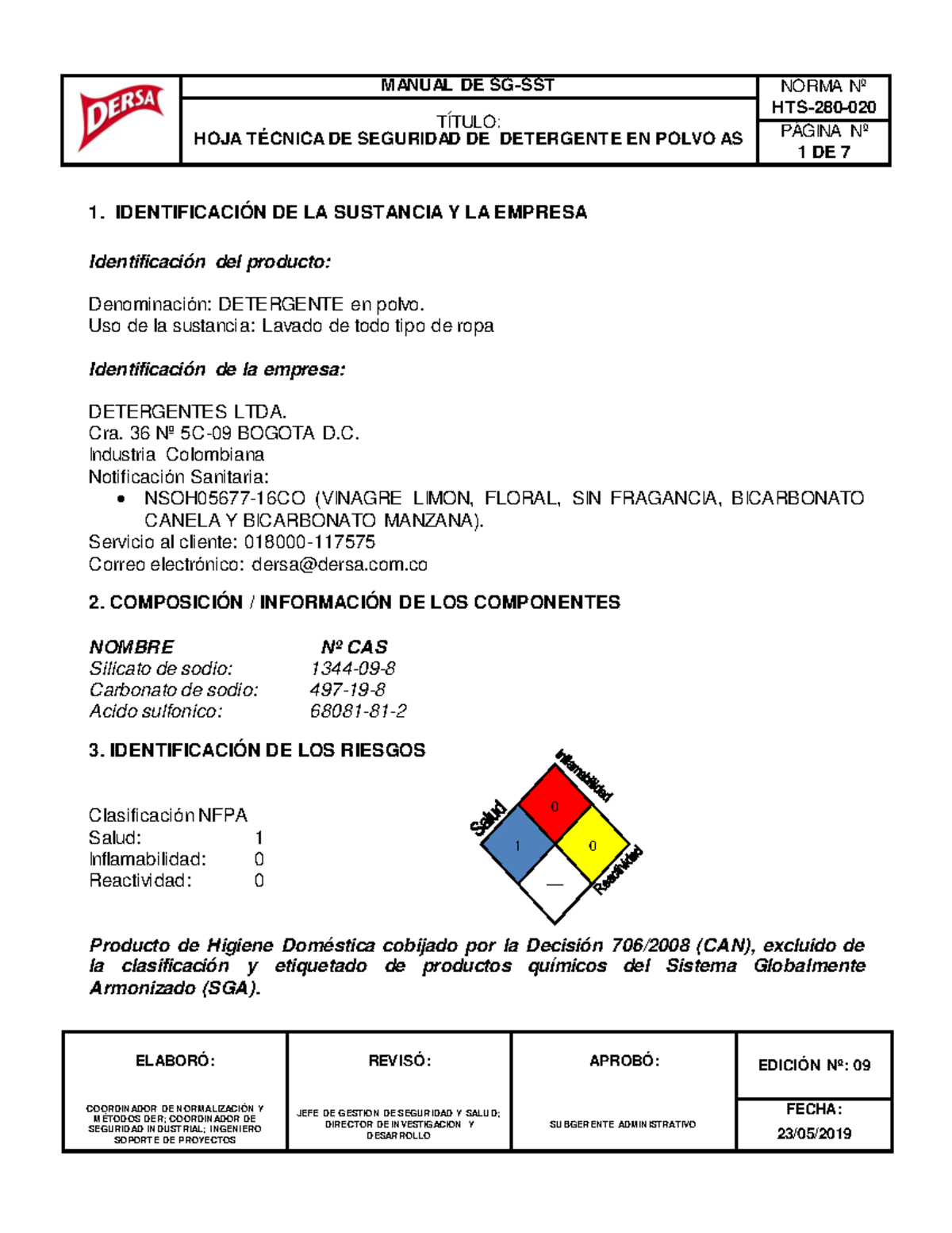 HS Detergente EN Polvo AS - TÍTULO: HOJA TÉCNICA DE SEGURIDAD DE DETERGENTE EN POLVO AS HTS-280 ...
