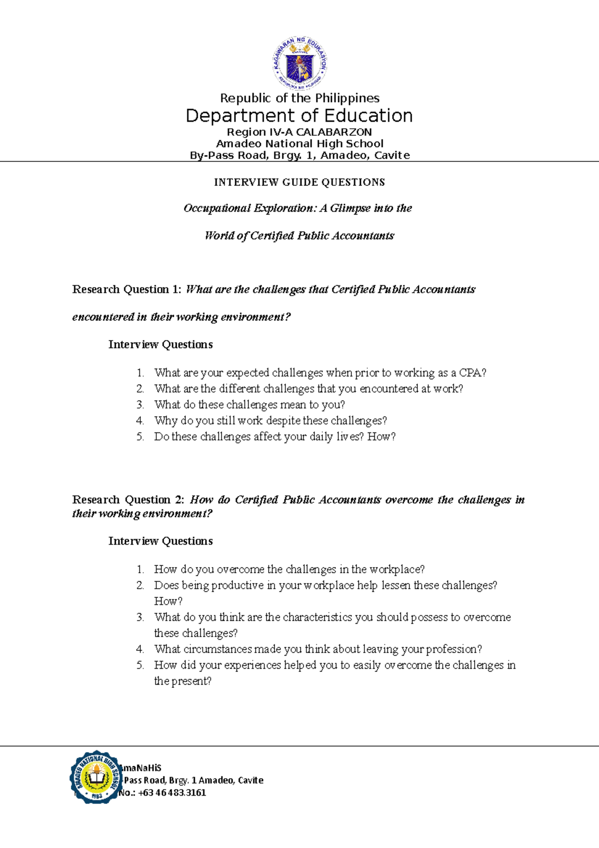 Interview-Guide-Questions Format PR1 - Republic of the Philippines ...