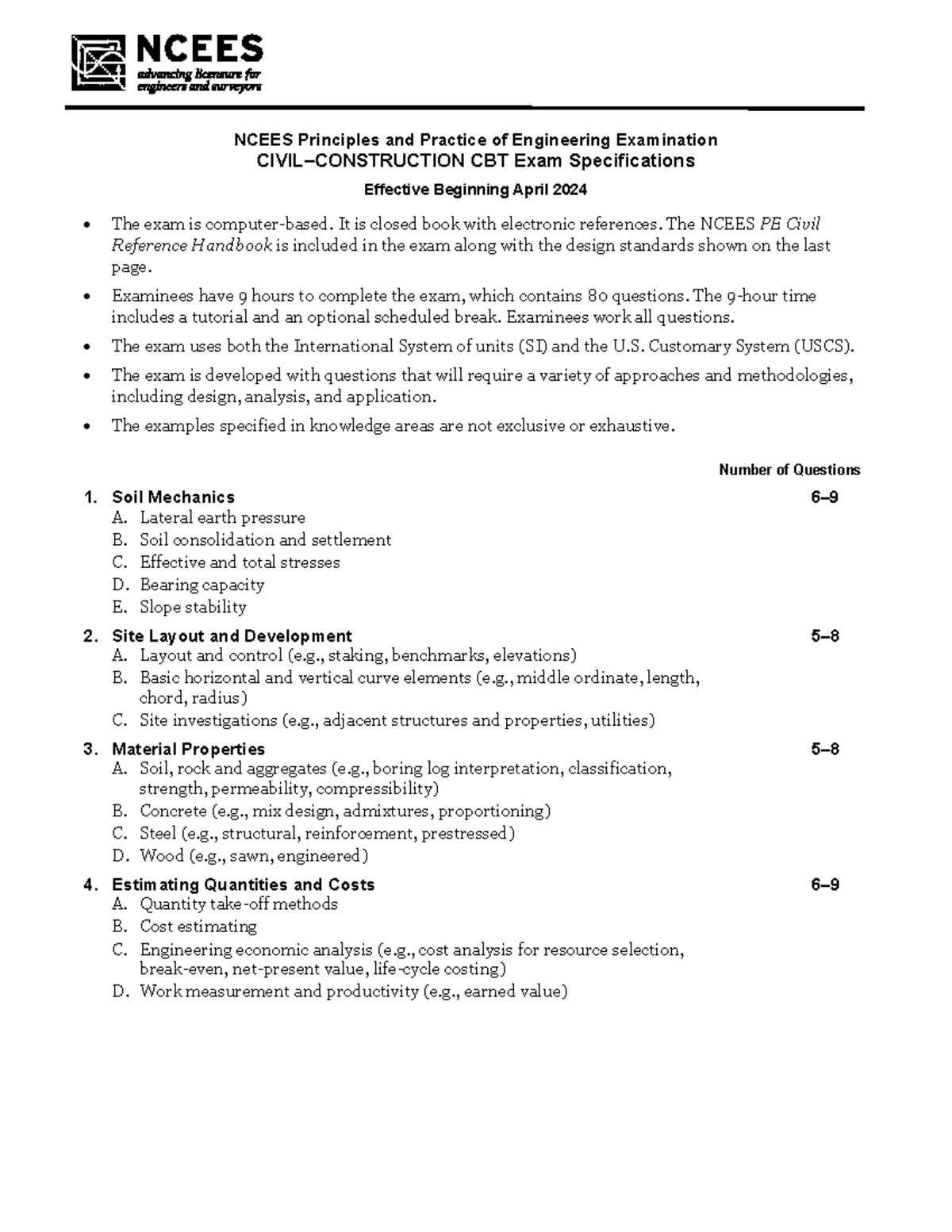 NCEES PE Civil Exam Specifications & Design Standards (April 2024) - Studocu