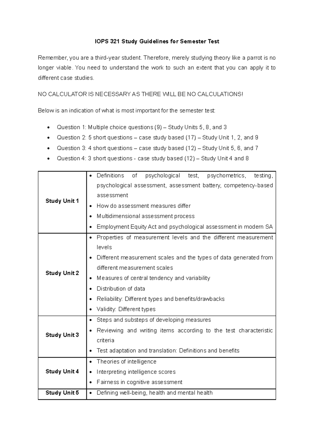 IOPS 321 Study Guidelines for Semester Test Preparation - Studocu