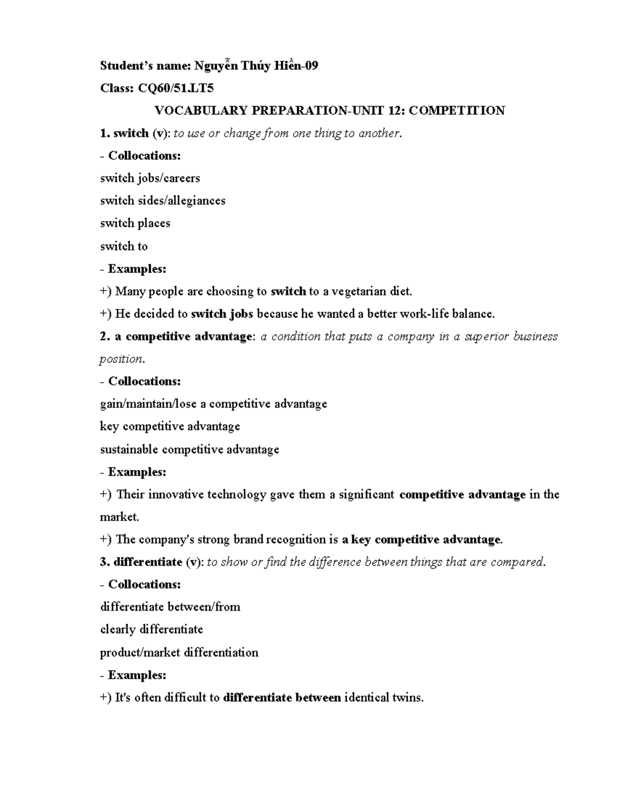 Vocabulary 12: Competition - Key Terms and Definitions - Studocu