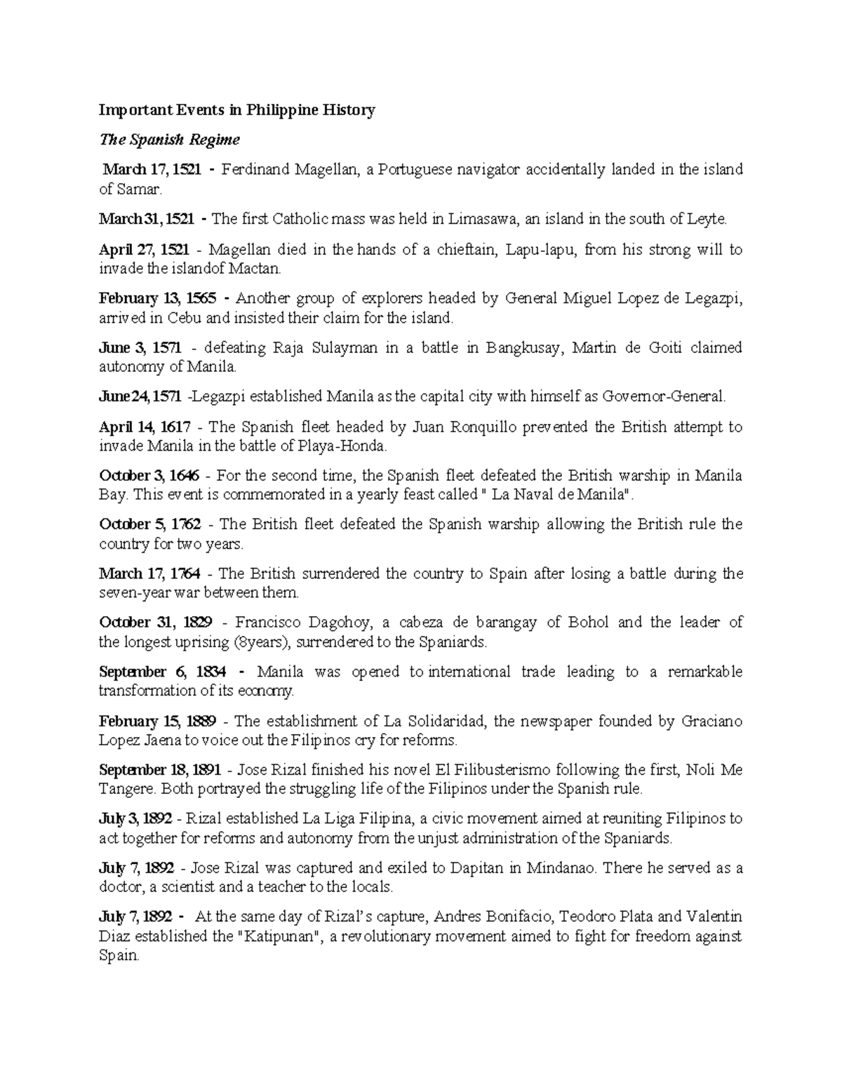 Key Historical Events During the Spanish & American Regimes in PH ...