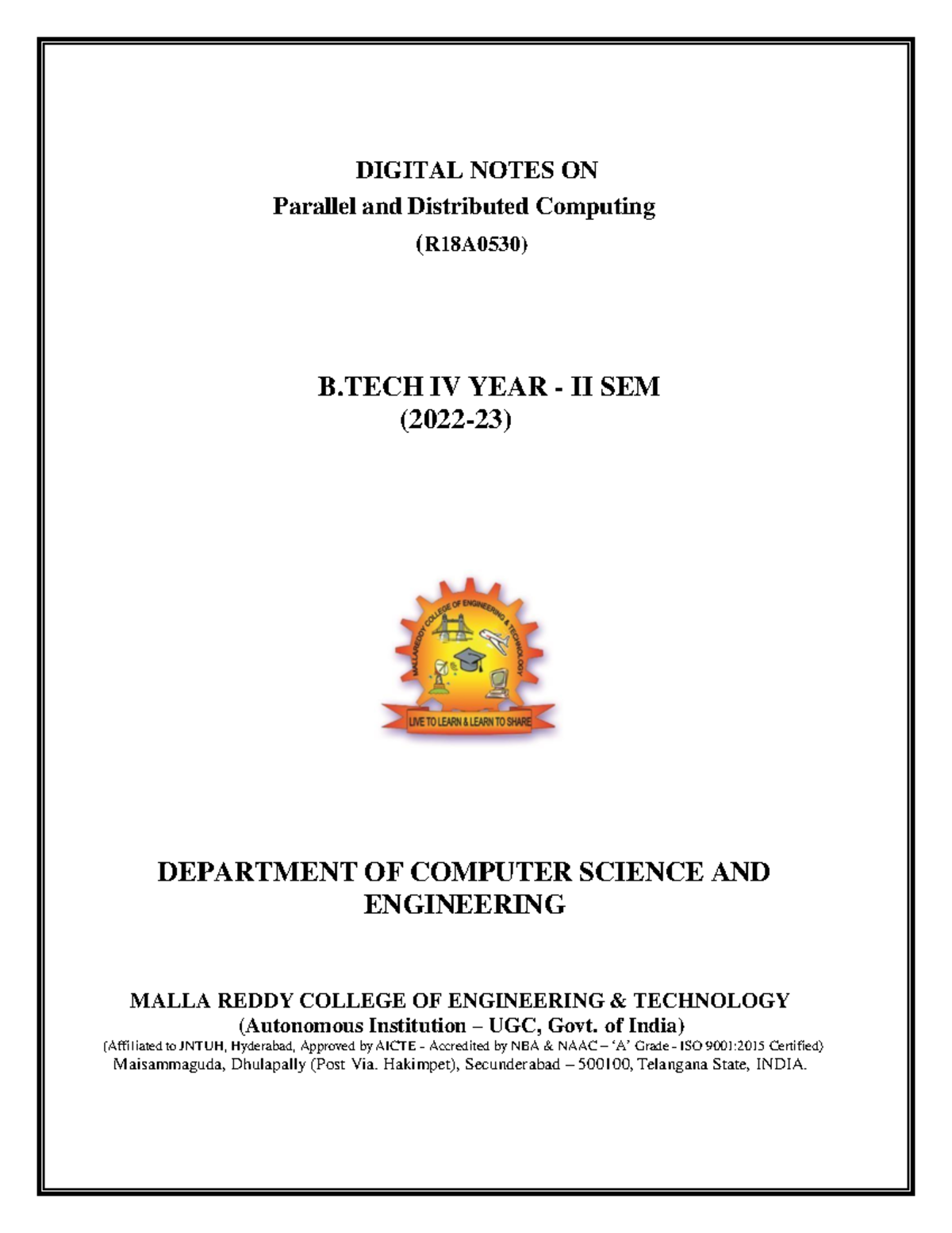 Digital Notes on Parallel and Distributed Computing (R18A0530) - Studocu