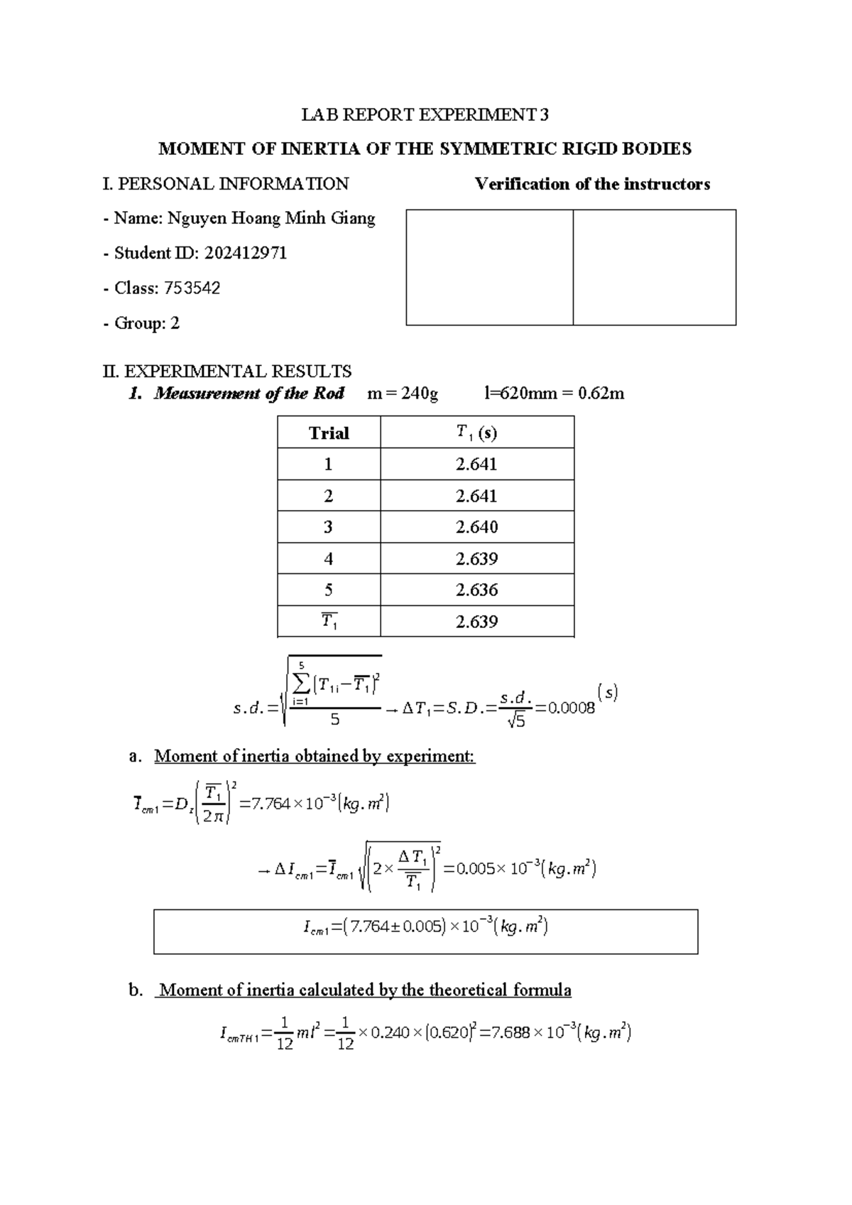 Experiment 3 - Summary Physics I (Advanced Program) - LAB REPORT ...