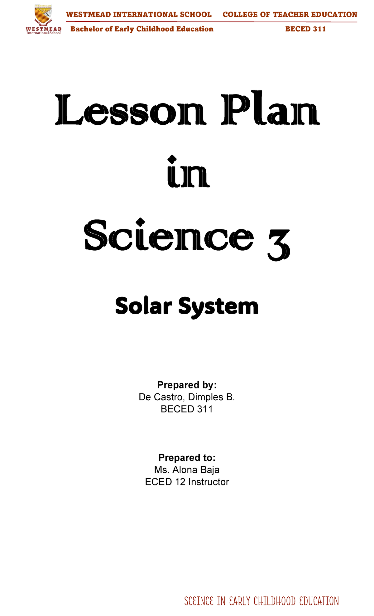 Science 3 Lesson Plan: Exploring the Solar System - BECED 311 - Studocu