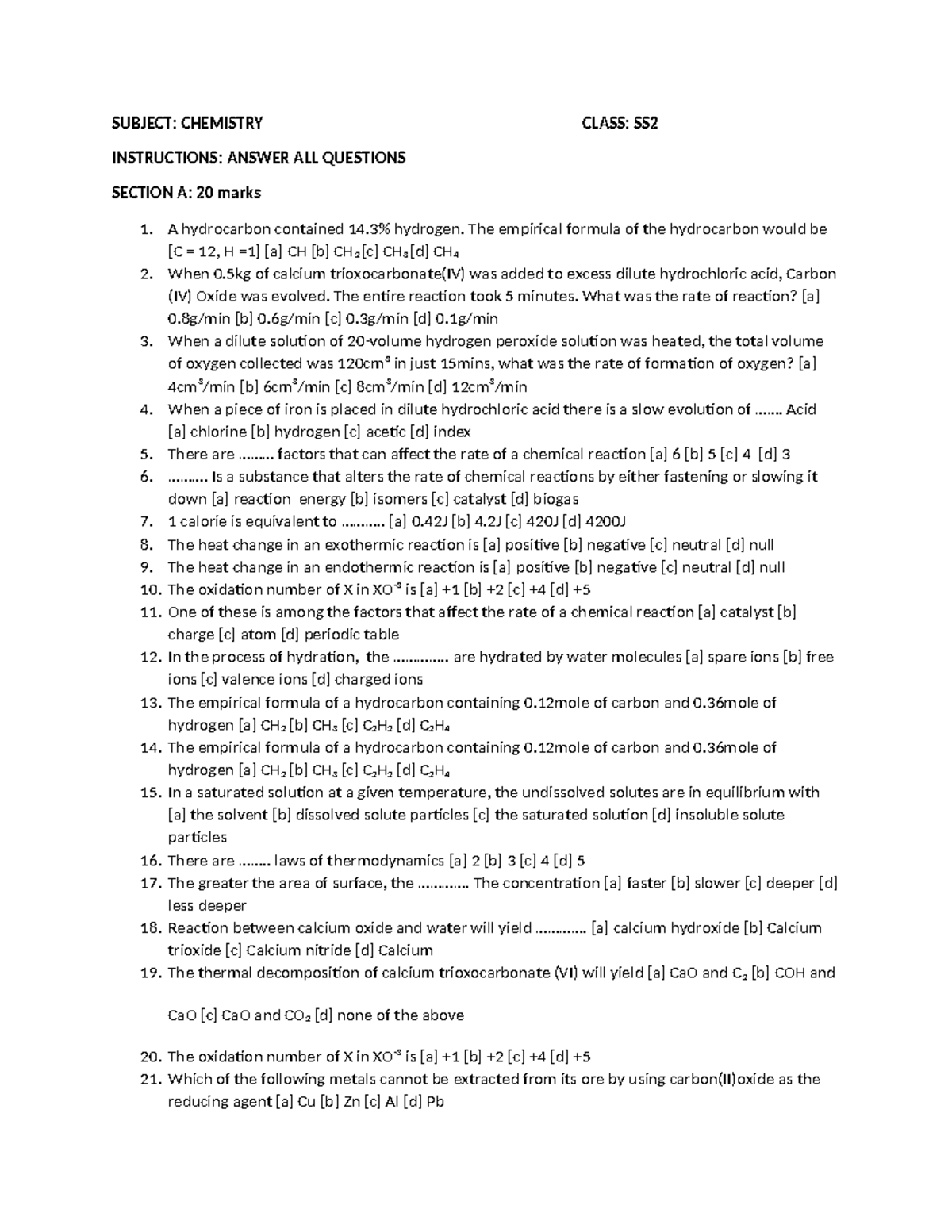 Chemistry SS 2 - Comprehensive Review Questions and Answers - Studocu