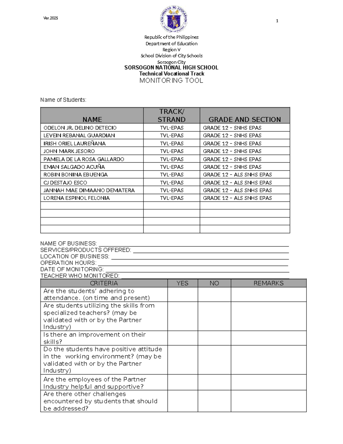 Monitoring Tool for Technical Vocational Track - G12 SNHS EPAS 2025 ...