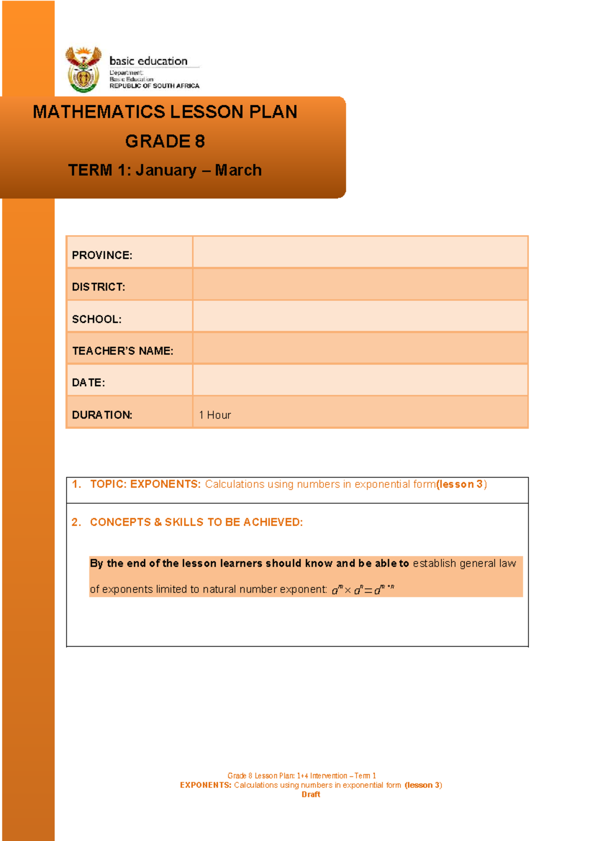 Grade 8 Mathematics Lesson Plan: Exponents (Term 1, Lesson 3) - Studocu