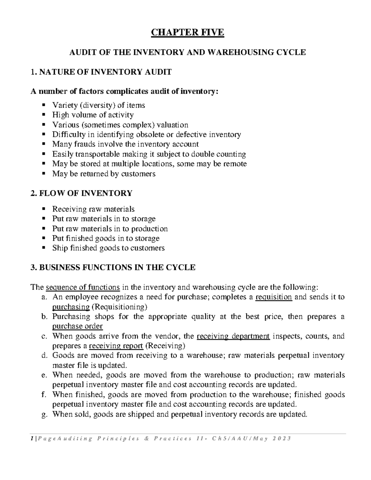 Chapter 5: Audit of Inventory & Warehousing Cycle Overview - Studocu