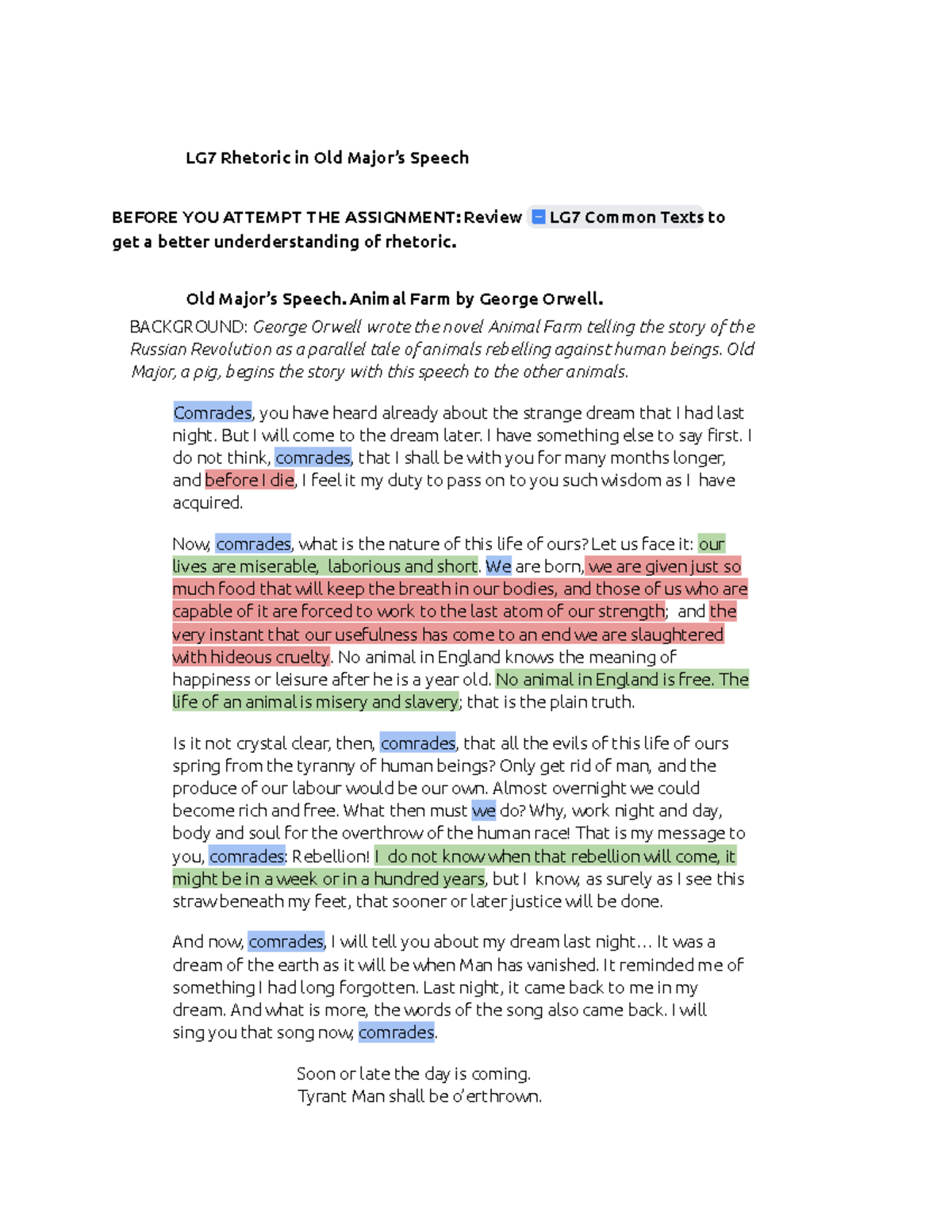 LG7 Rhetoric in Old Major's Speech - LG7 Rhetoric in Old Major’s Speech ...