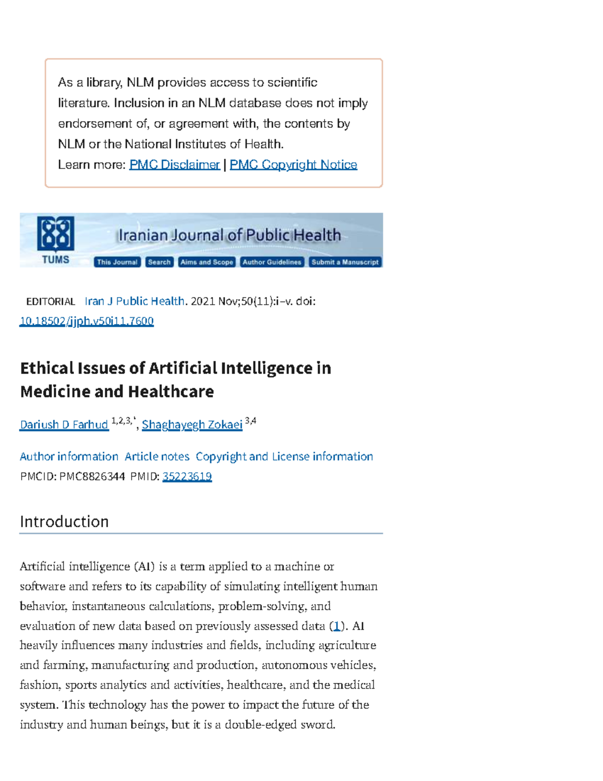 Ethical Issues of AI in Medicine & Healthcare (Iran J Public Health ...