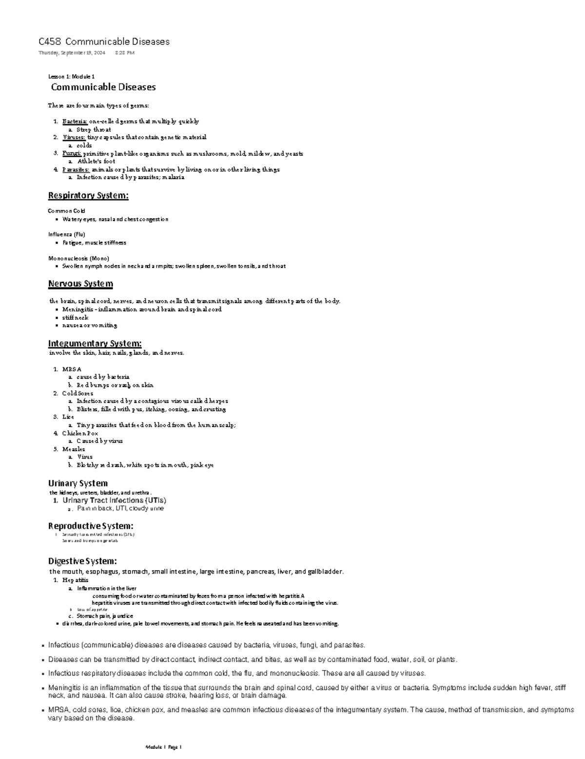 C458 Health & Wellness Module 1: Overview of Communicable Diseases ...