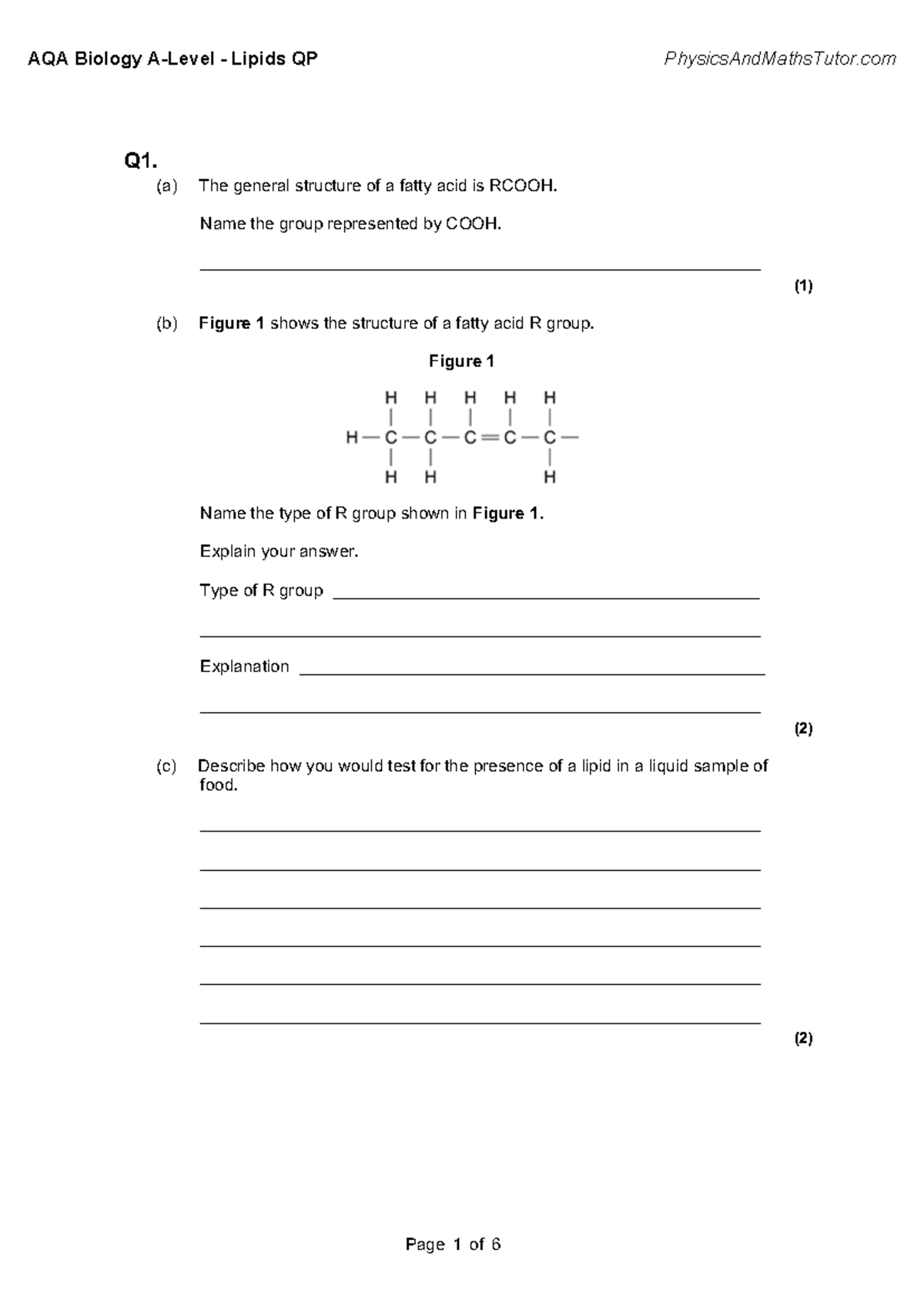 1.3 Lipids Quiz Paper with Questions on Fatty Acids and Testing - Studocu