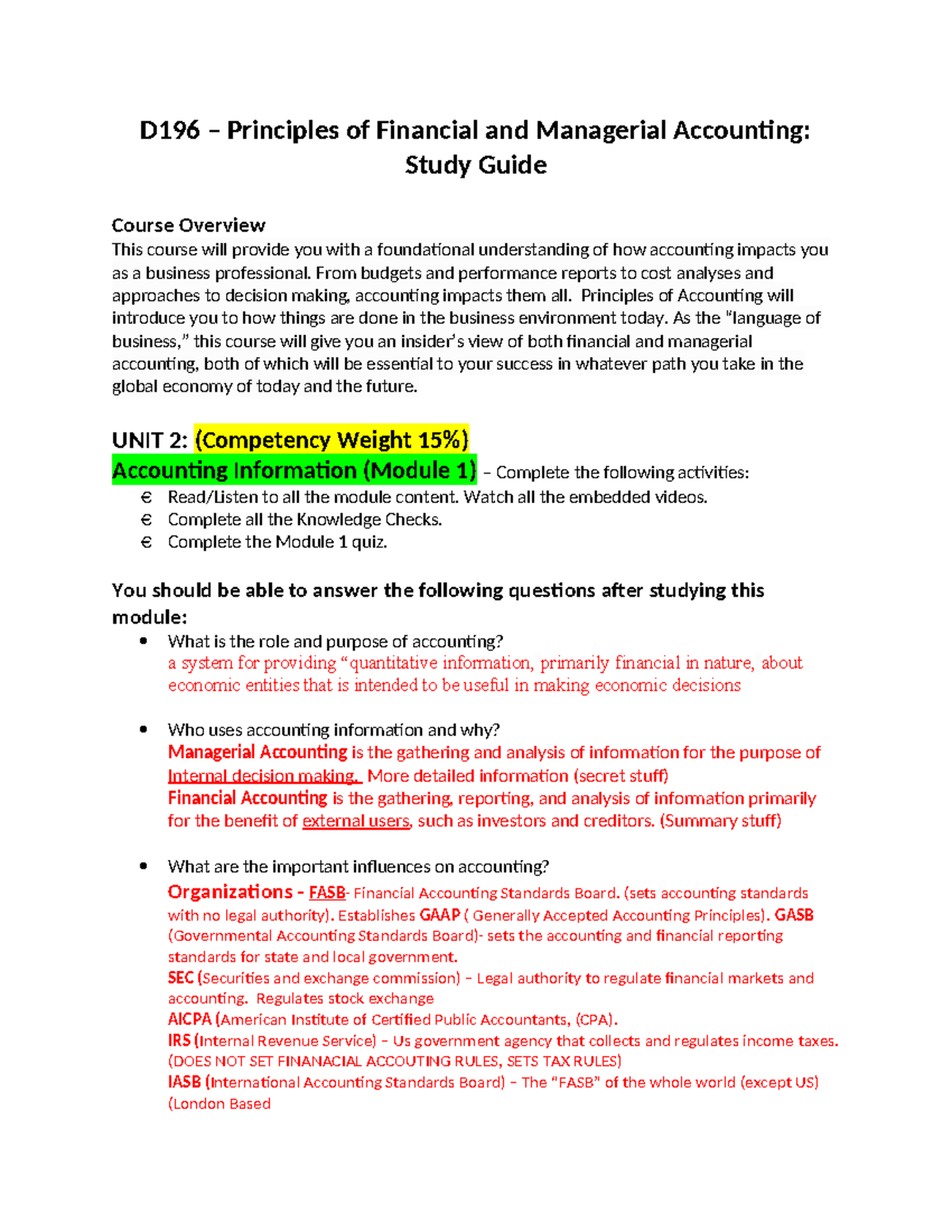 D196 Study Guide - D196 – Principles of Financial and Managerial ...