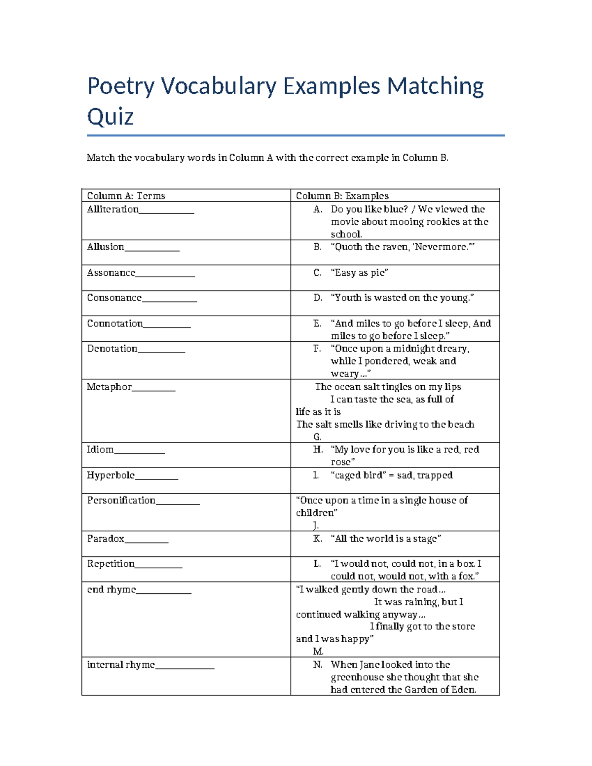 Poetry Vocabulary Matching Quiz: Column A & B Examples - Studocu