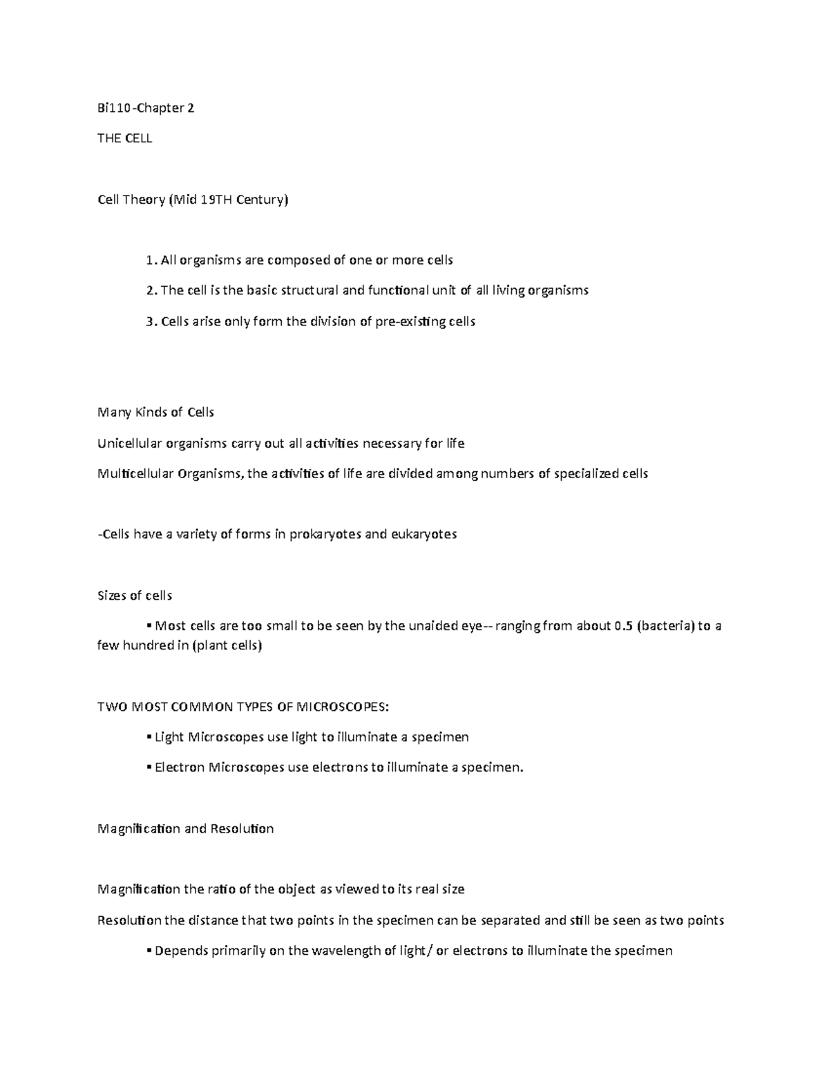 Bi110- chapter 2 - Lecture notes 2 - Bi110-Chapter 2 THE CELL Cell ...