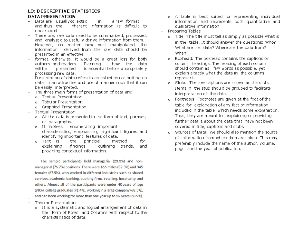 Intermediate Accounting L3: Data Presentation & Descriptive Stats - Studocu