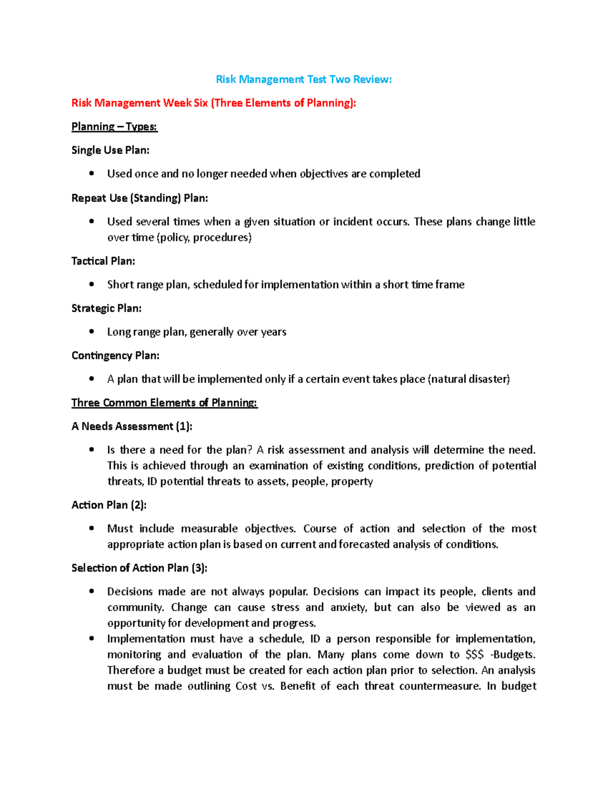 Risk Management Test 2 Review: Planning, Budgeting, and Contingencies ...