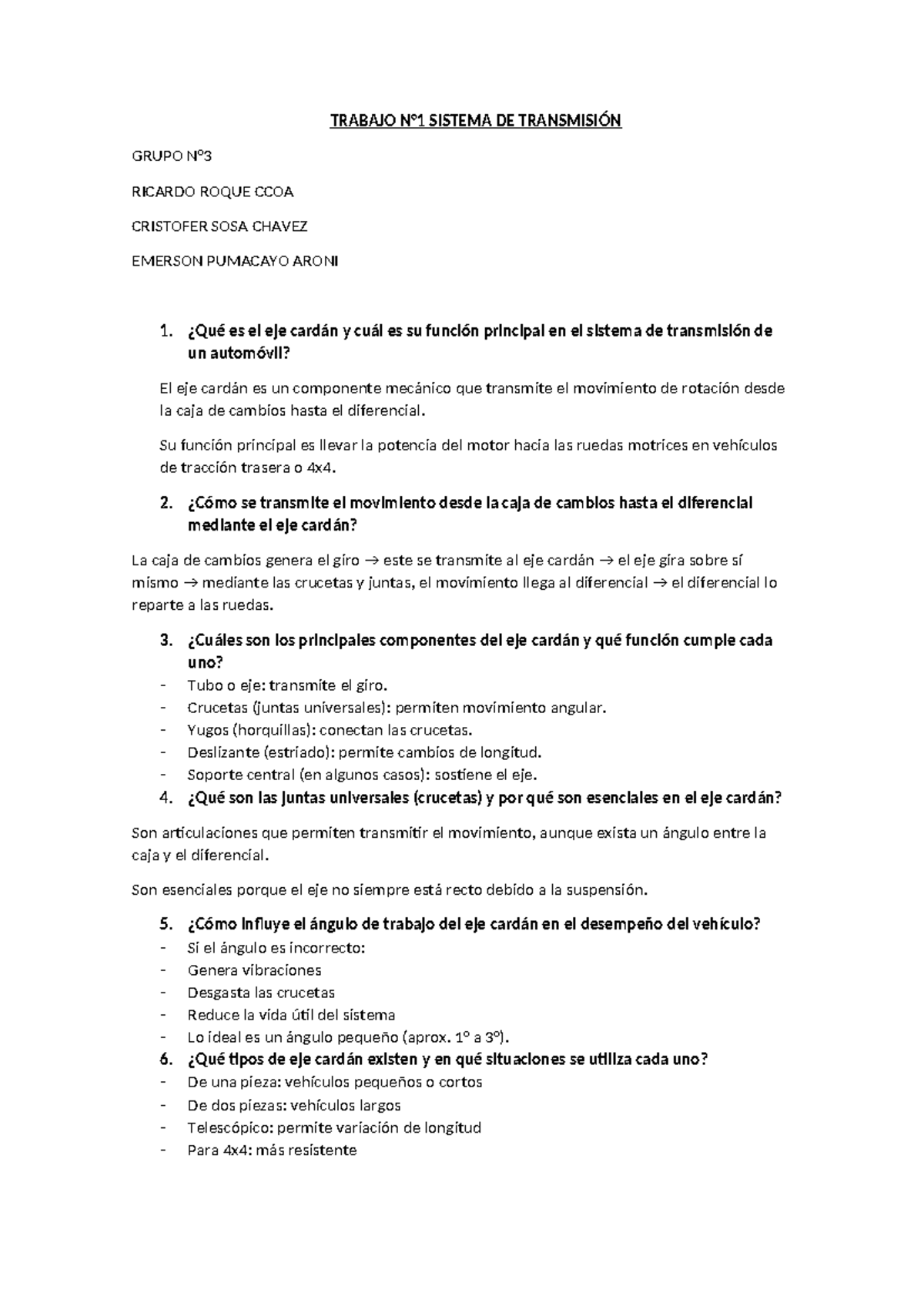 Trabajo N° 1: Sistema de Transmisión y Eje Cardán - Studocu