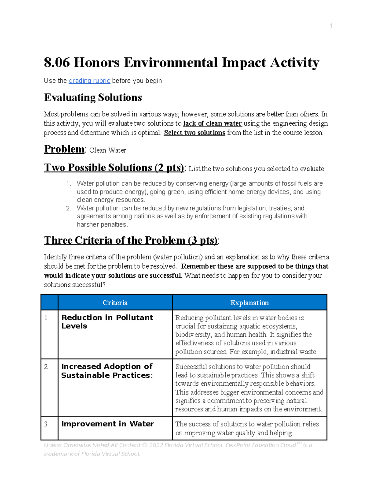 8.06H - Honors Activity: Evaluating Clean Water Solutions - Studocu