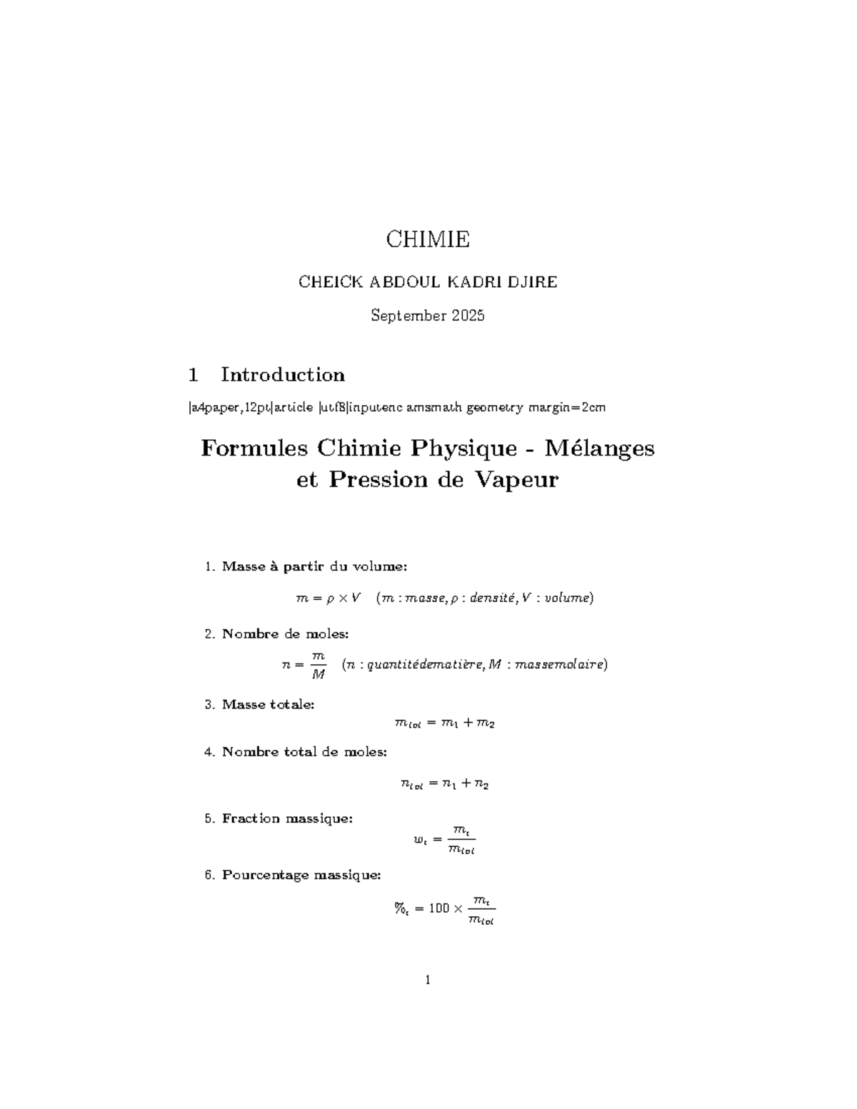 CHIMIE 101 - Formules de Chimie Physique et Pression de Vapeur - Studocu