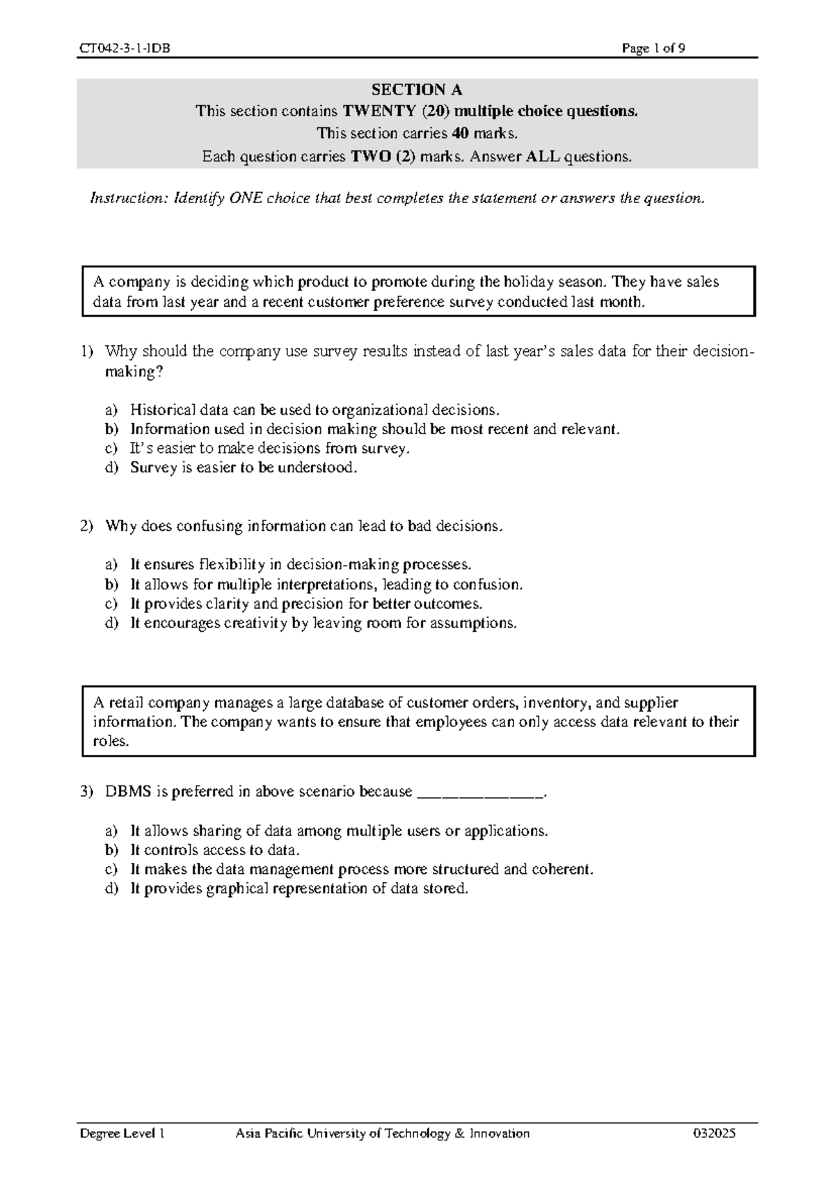 CT042-3-1-IDB: Database Management MCQ Practice - Studocu