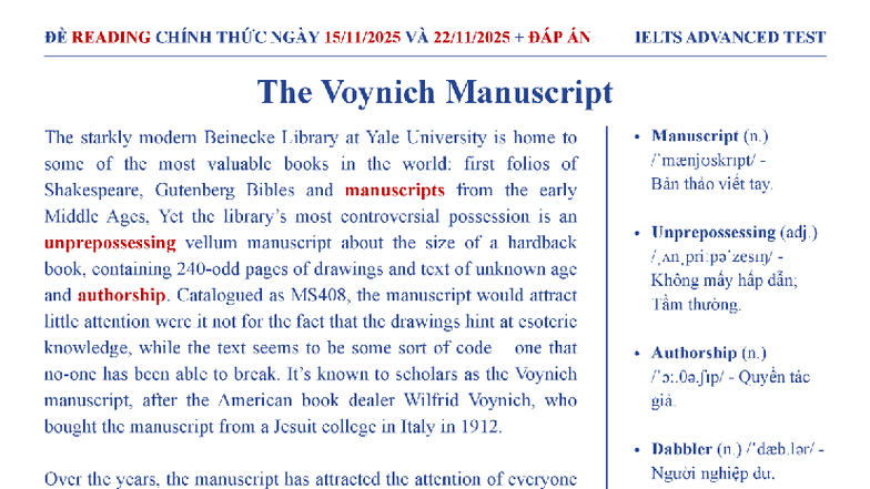 DÈ READING CHÍNH THÚC NGÀY VÀ DÁP ÁN IELTS ADVANCED TEST: The Voynich ...