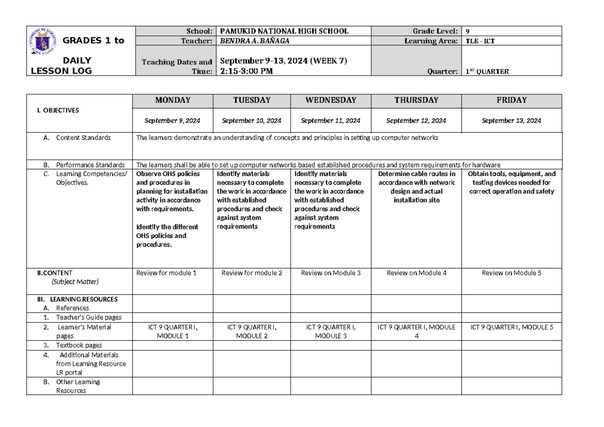 6 DLL TLE 9 Q1 W7 - Daily Lesson Log for TLE-ICT Week 7 - Studocu