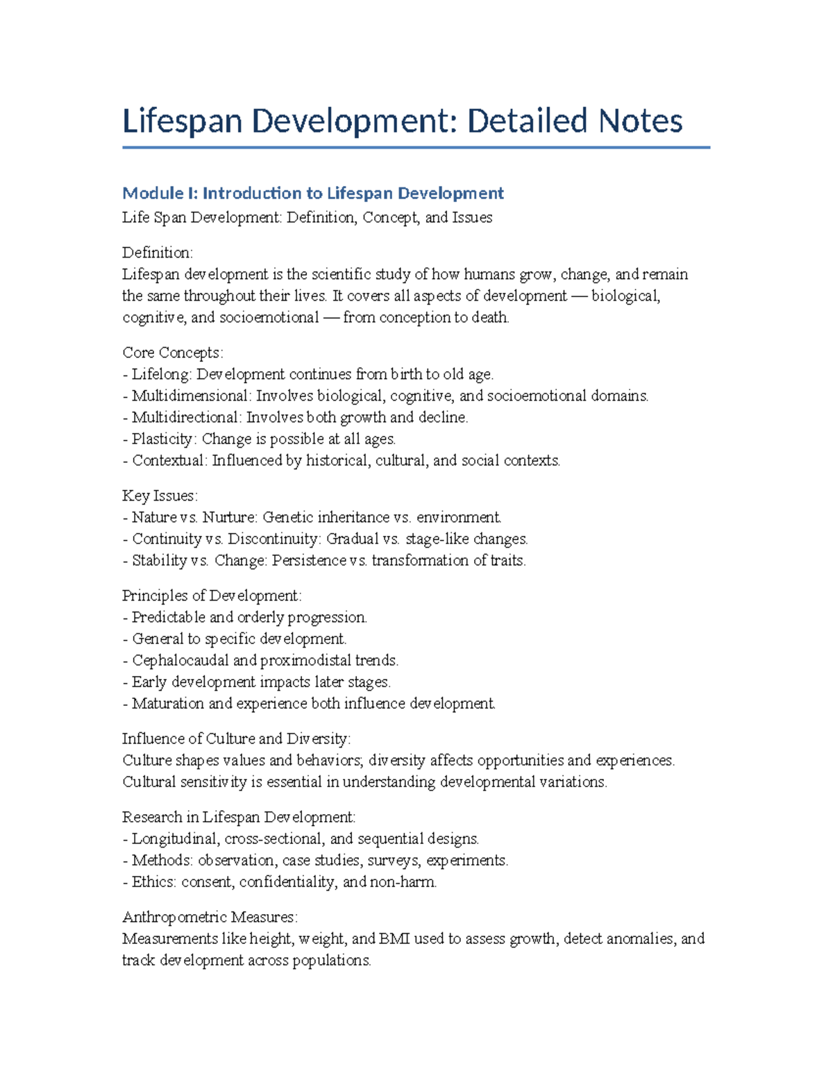 Lifespan Development: Detailed Notes for PSY 101 - Module I Overview ...