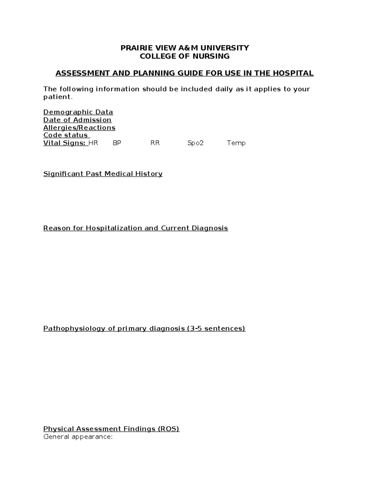 PRAIRIE VIEW UNIVERSITY NURSING ASSESSMENT & PLANNING GUIDE - Studocu