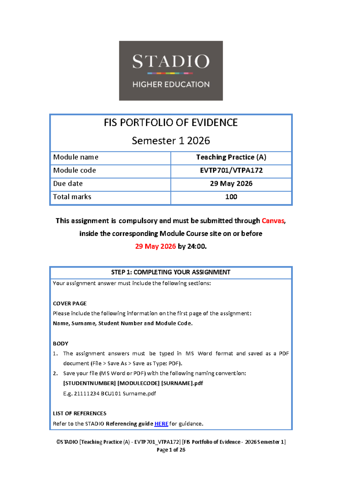 FIS Portfolio of Evidence - Teaching Practice (A) EVTP701 - Studocu