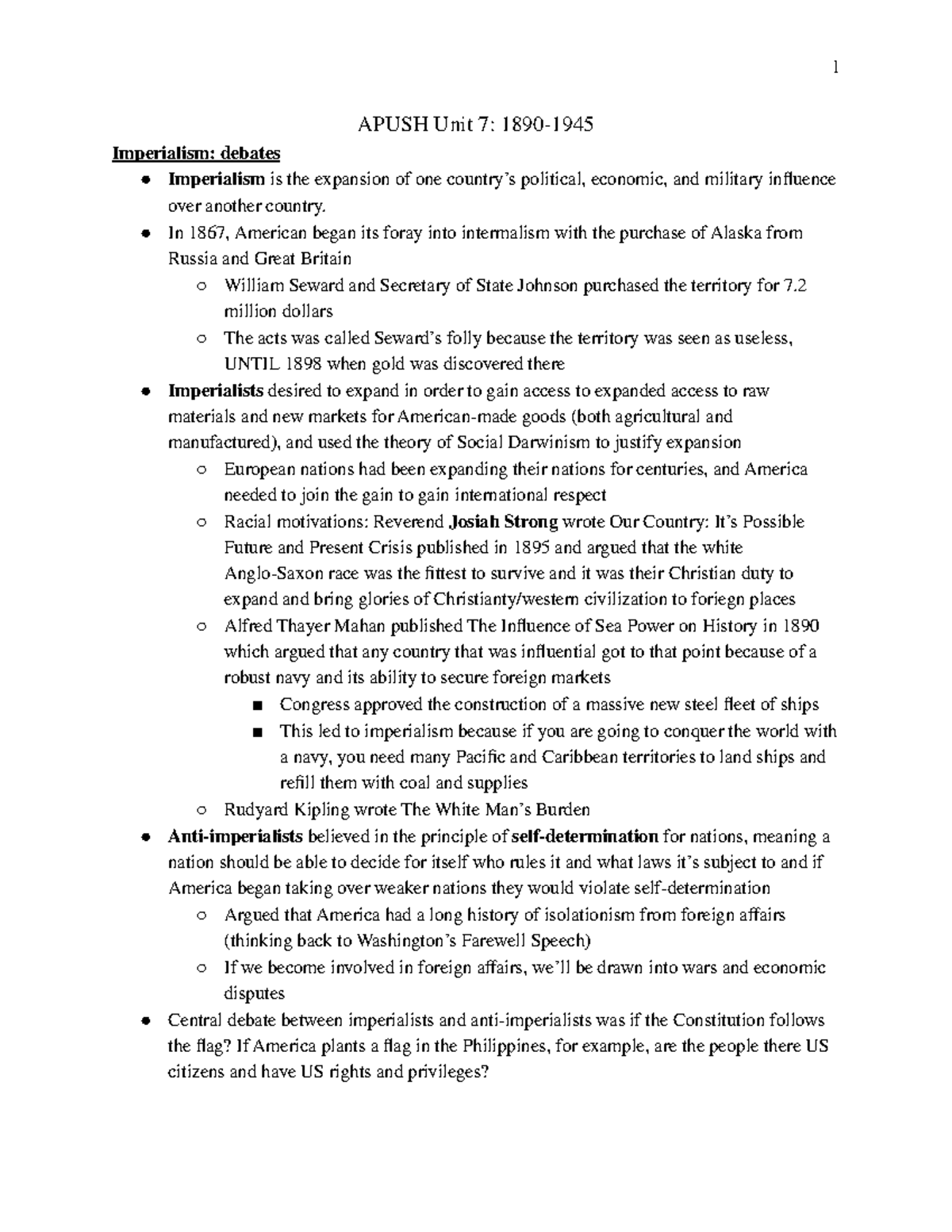 APUSH Unit 7: 1890-1945 Lecture Notes on U.S. Imperialism & WWI - Studocu